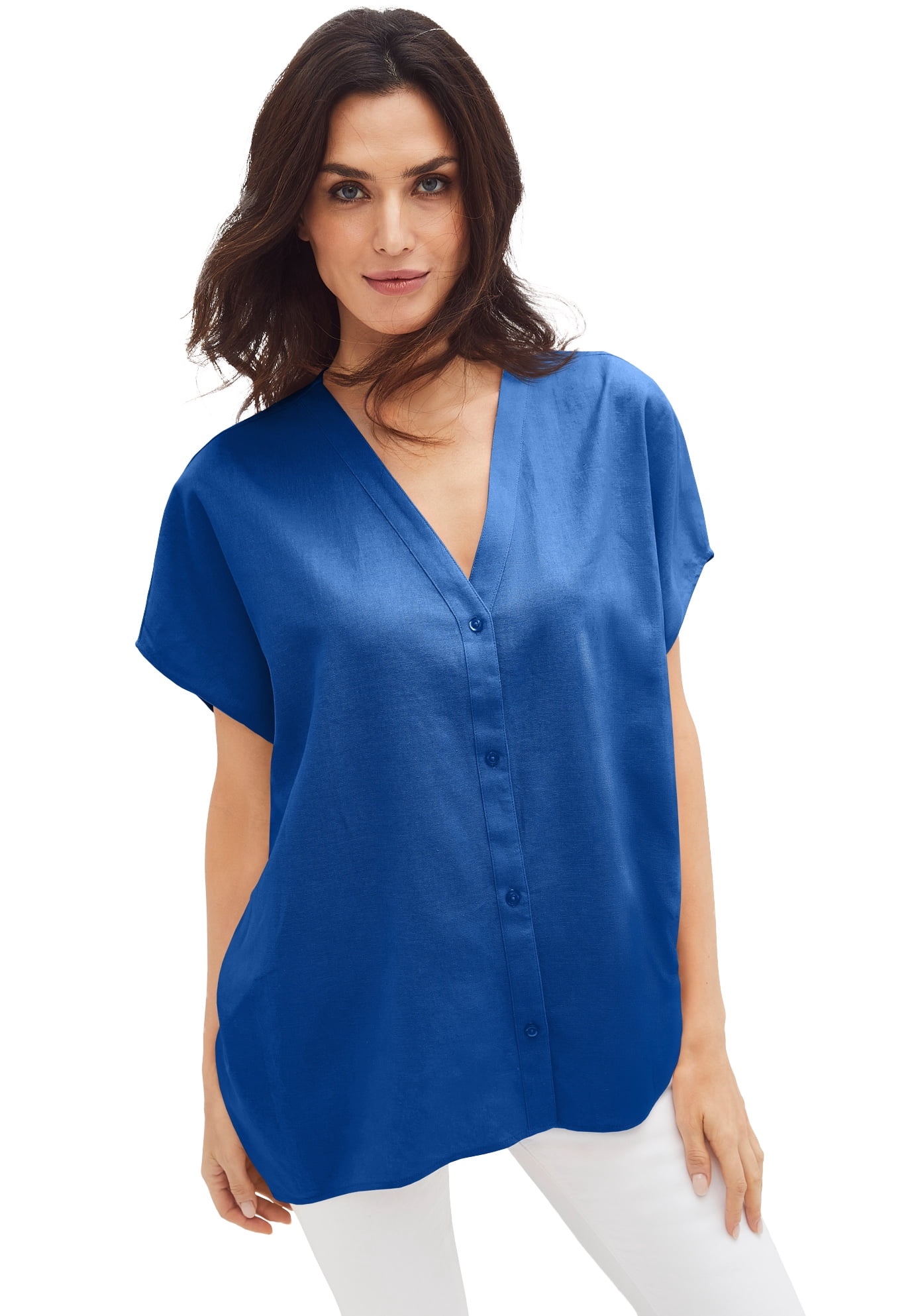 Ellos Plus Size Linen-Blend V-Neck Button-Front Dolman Sleeve Oversized ...