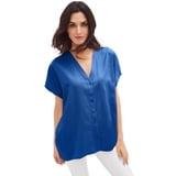 Ellos Plus Size Linen-Blend V-Neck Button-Front Dolman Sleeve Oversized ...