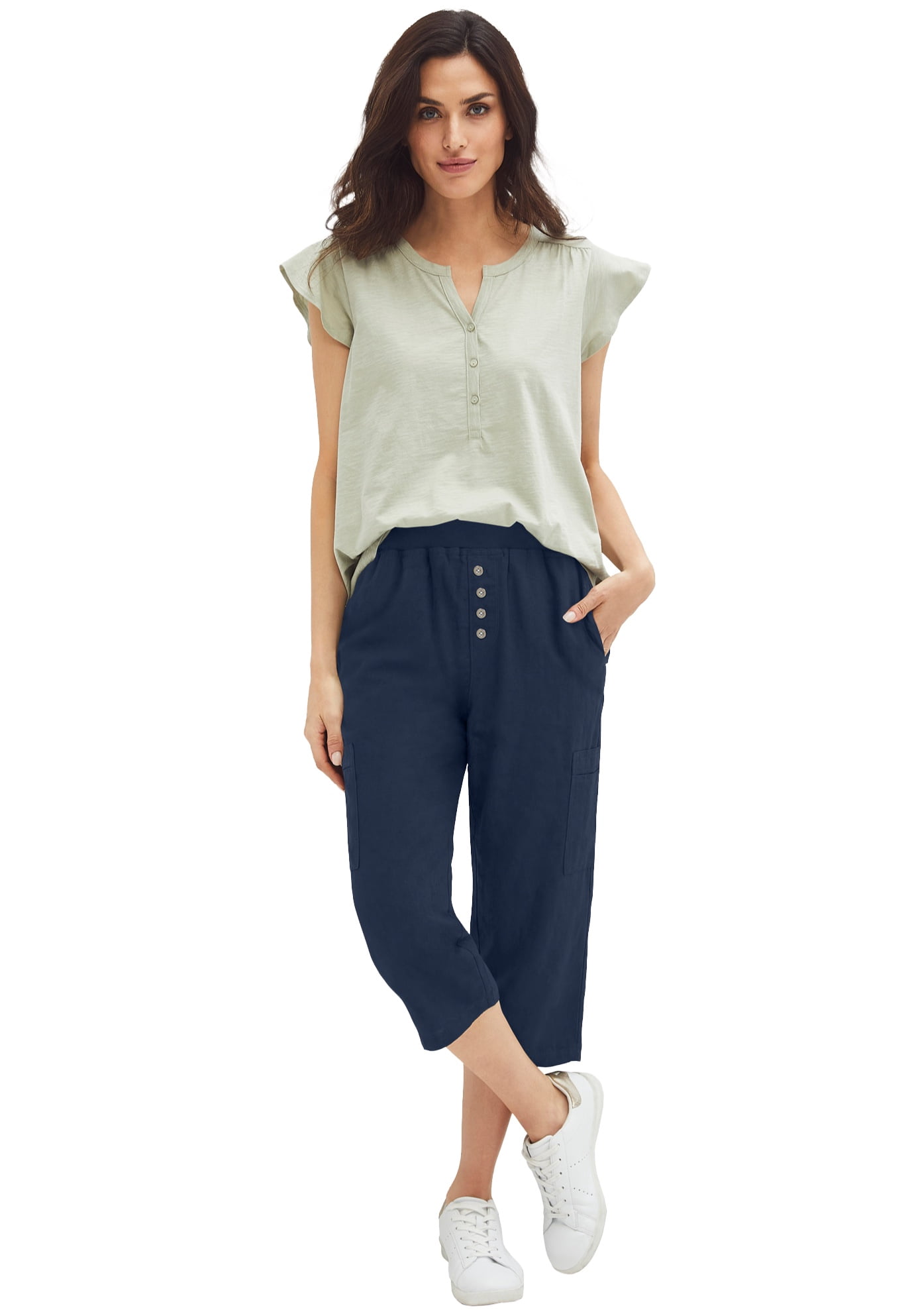 Ellos Plus Size Ribbed Elastic Waist Linen-Blend Capris - Walmart.com