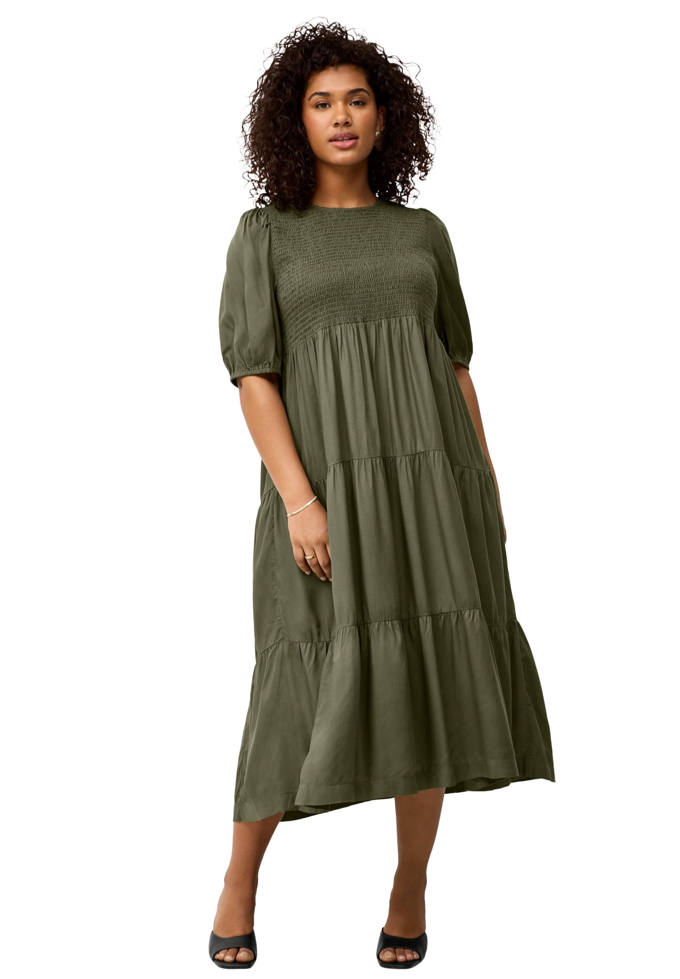 ellos Plus Size Short Sleeve Smocked Bodice Midi Dress - Walmart.com