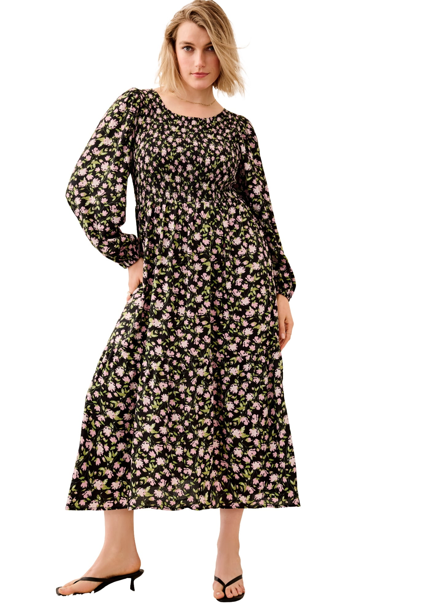 Ellos Plus Size Smocked Bodice Tiered Midi Dress - Walmart.com