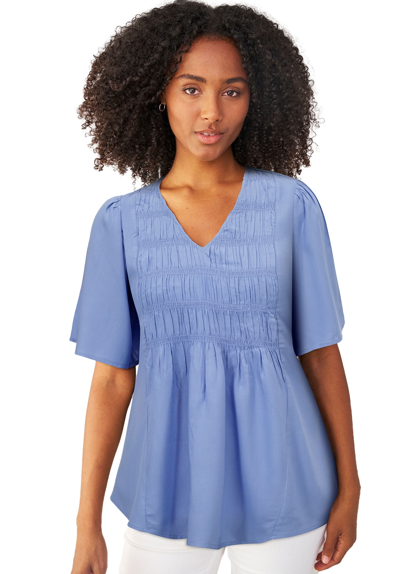 ellos Plus Size V-Neck A-Line Blouse With Smocked Bodice - Walmart.com