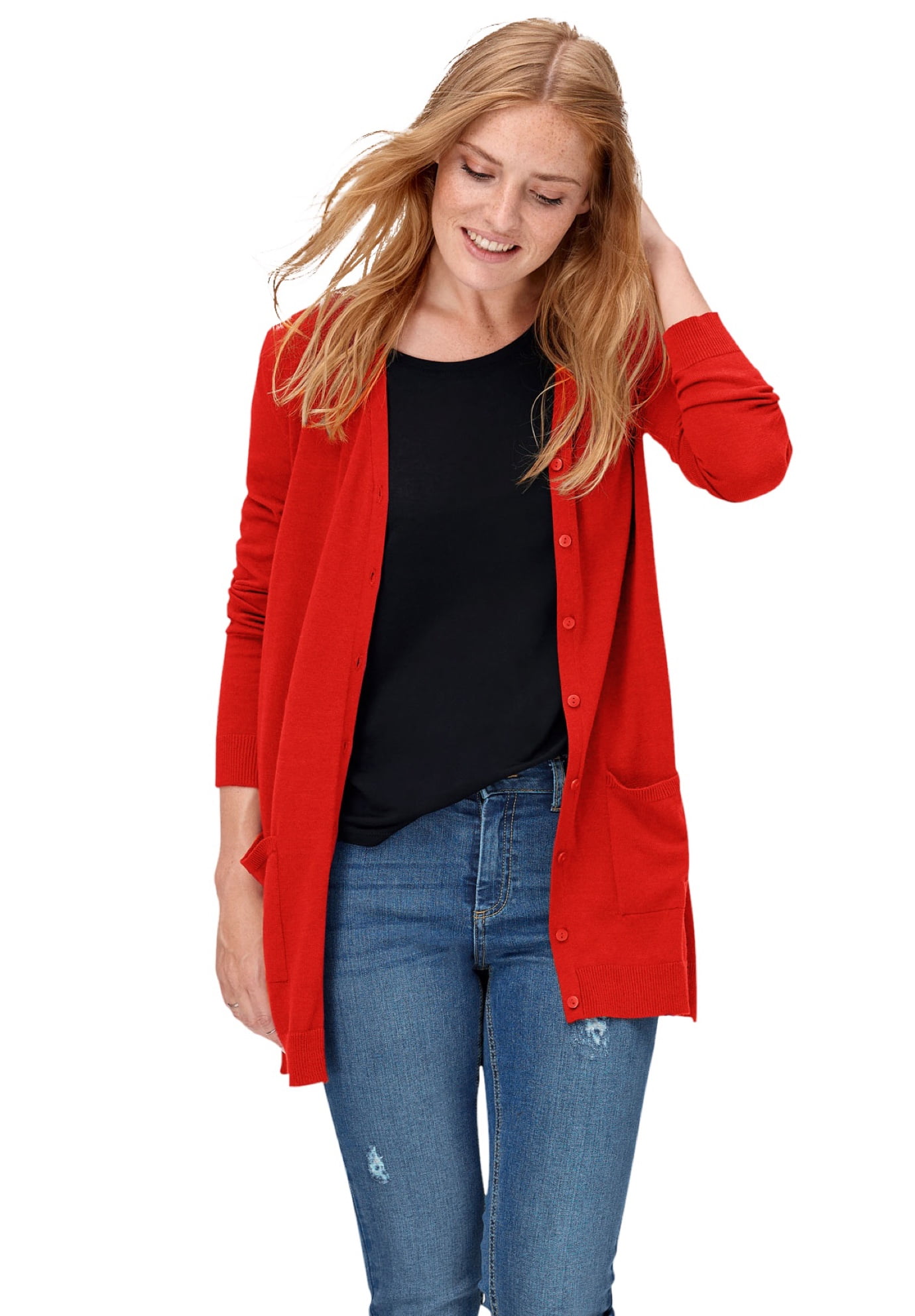 Ellos Women's Plus Size Long Button Sweater Boyfriend Cardigan - L, Red ...