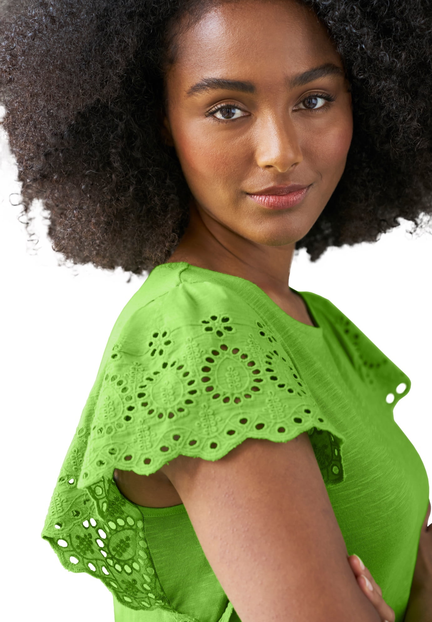ellos Women's Plus Size Eyelet Cap Sleeve Tee - 14/16, Kiwi - Walmart.com
