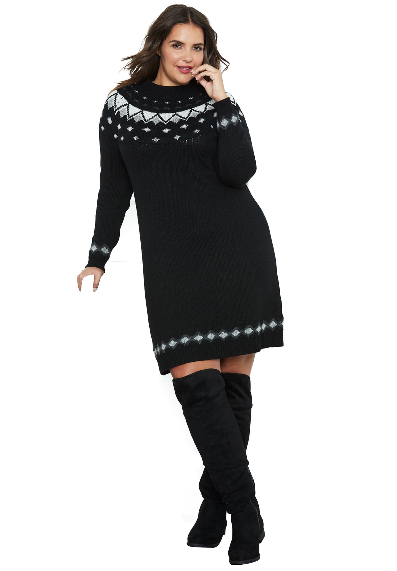 ellos Women's Plus Size Fair Isle Sweater Dress - 10/12, Black ...