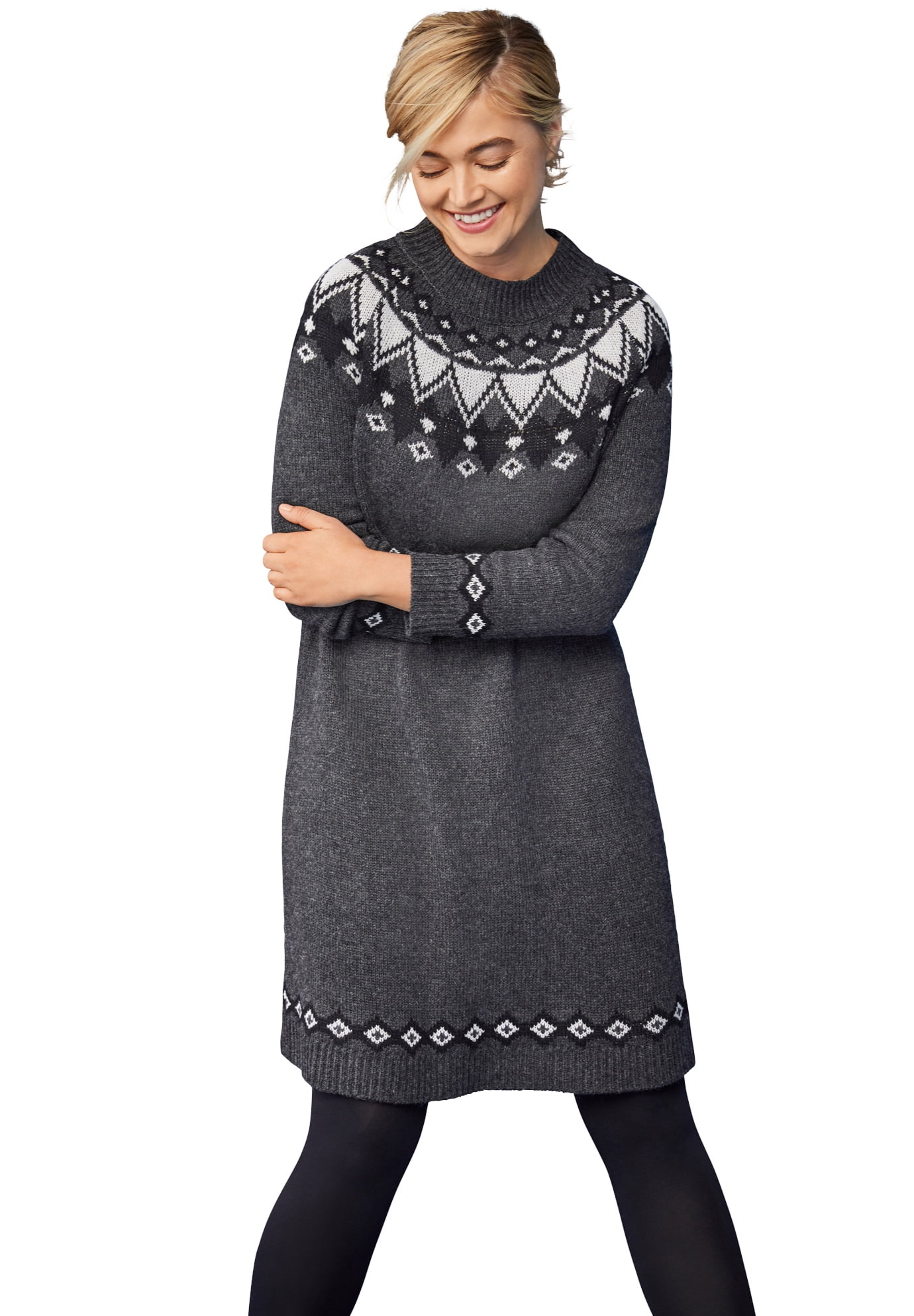 Ellos Women's Plus Size Fair Isle Sweater Dress, Heather Charcoal, Soft ...