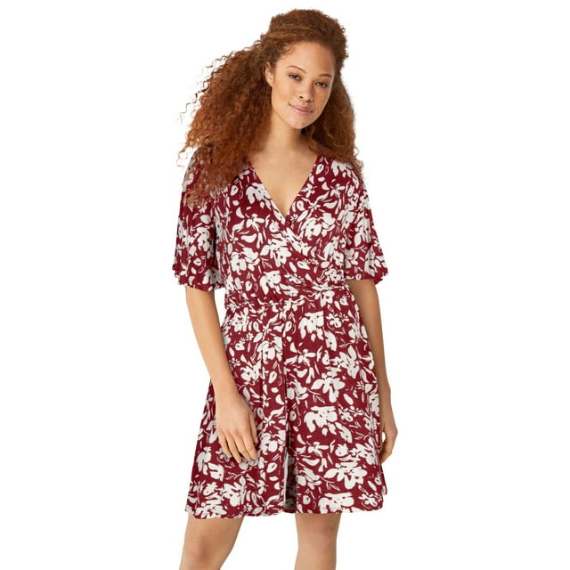 Ellos Womens Plus Size Flutter Sleeve Surplice Romper 2628 Fresh Pomegranate Print
