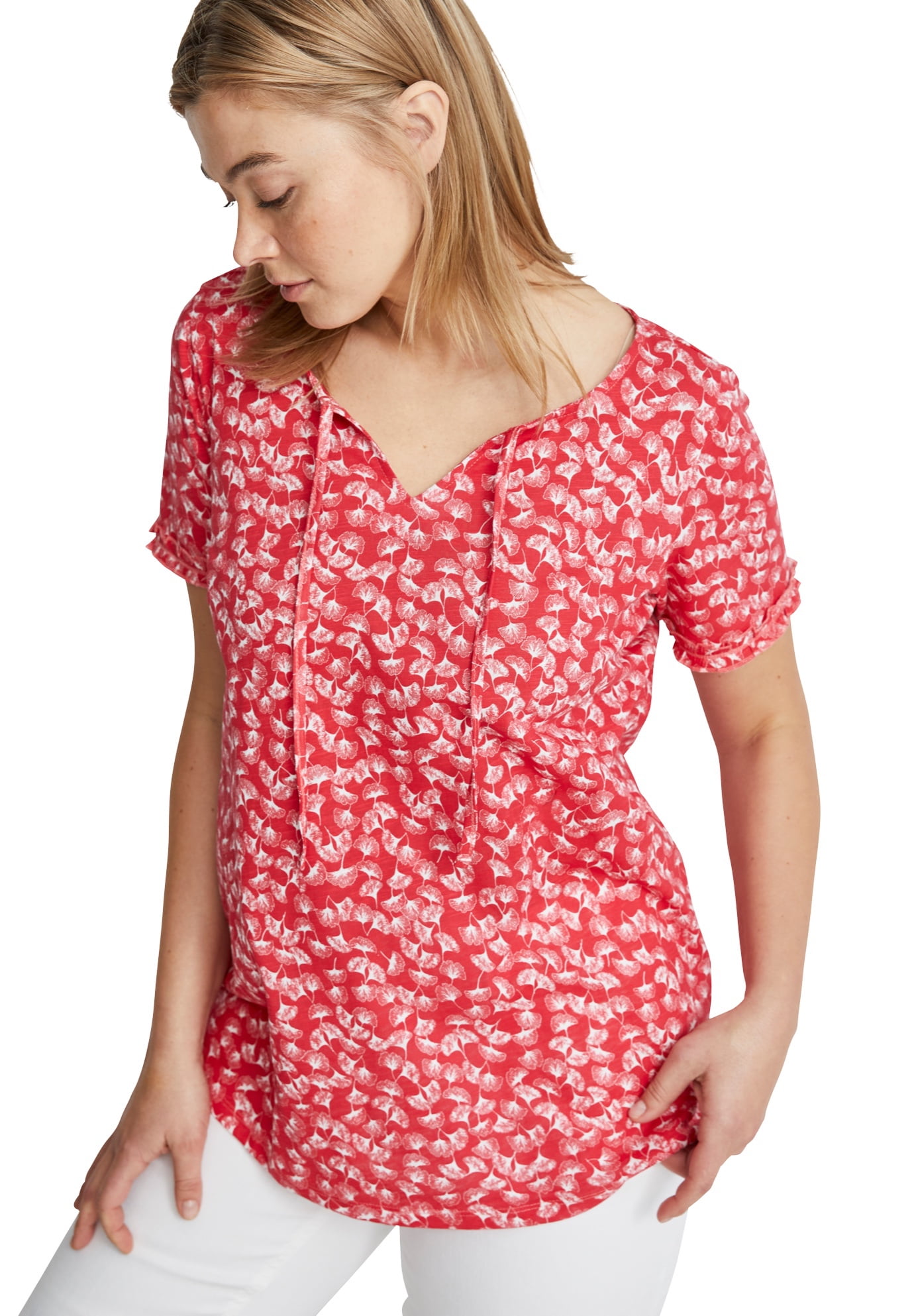 ellos Women's Plus Size Keyhole Tee - 18/20, Radiant Red White Print ...