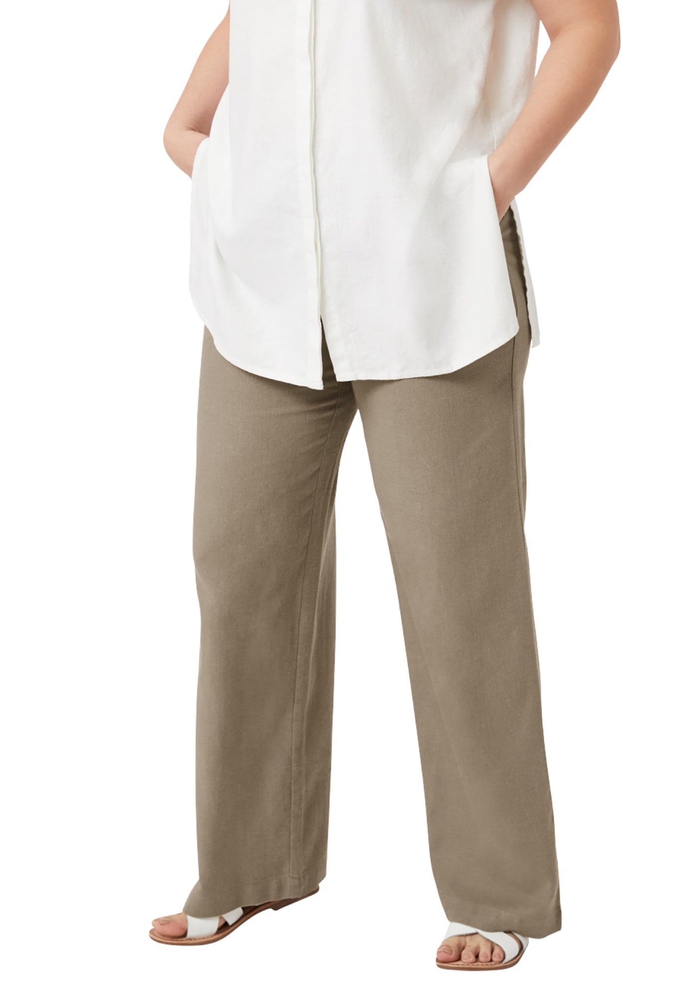 ellos Women's Plus Size Linen Blend Drawstring Pants - 12, Bark ...