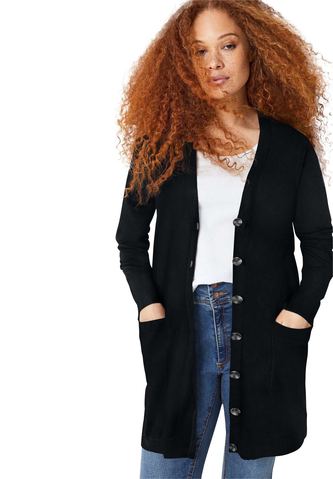 ellos Women's Plus Size Long Boyfriend Cardigan With Tortoise Buttons ...