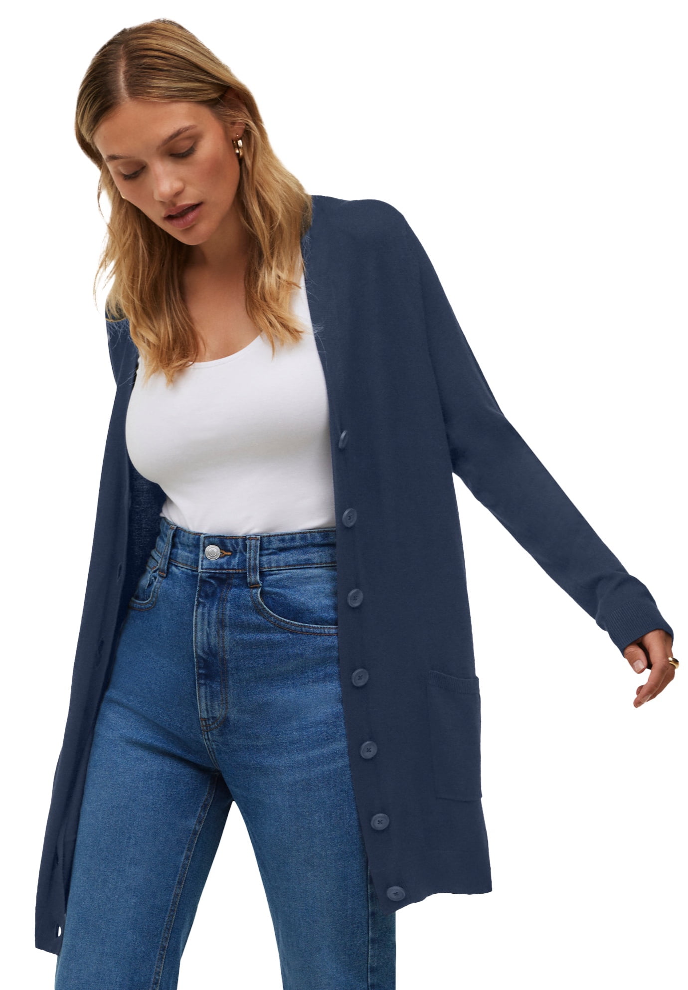 ellos Women's Plus Size Long Boyfriend Cardigan With Tortoise Buttons ...