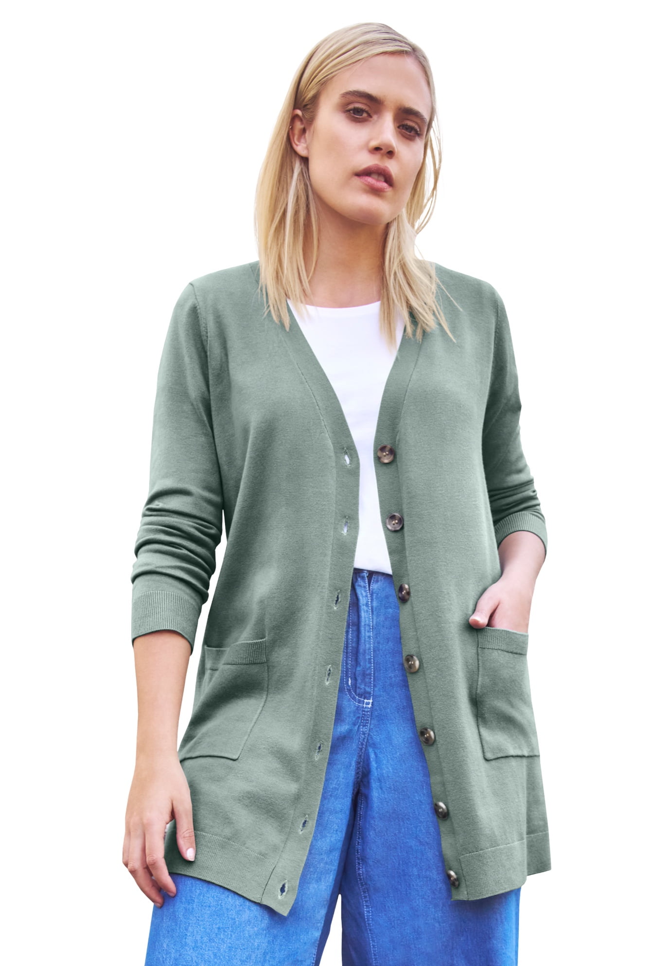 ellos Women's Plus Size Long Boyfriend Cardigan With Tortoise Buttons ...