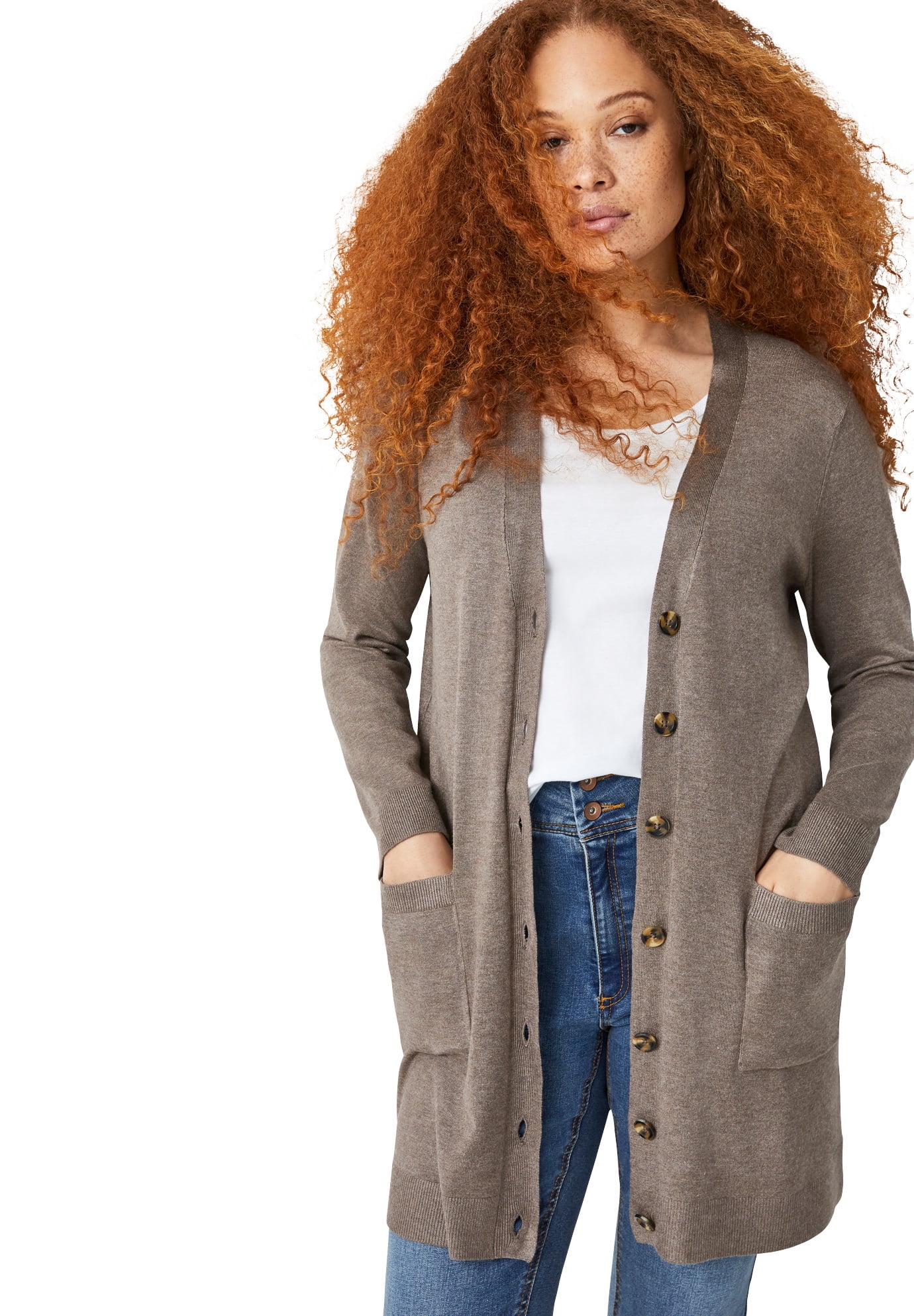 ellos Women's Plus Size Long Boyfriend Cardigan With Tortoise Buttons ...