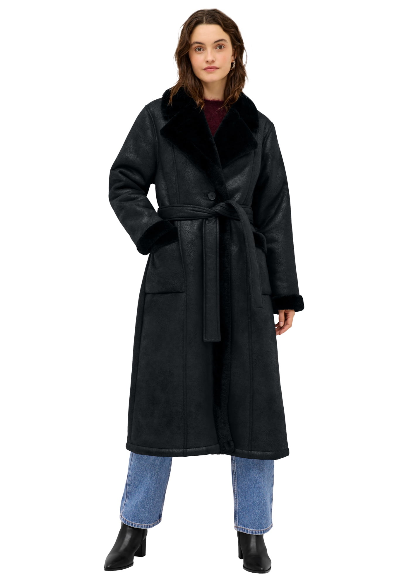 ellos Women's Plus Size Long Faux Shearling Coat With Belt - Walmart.com