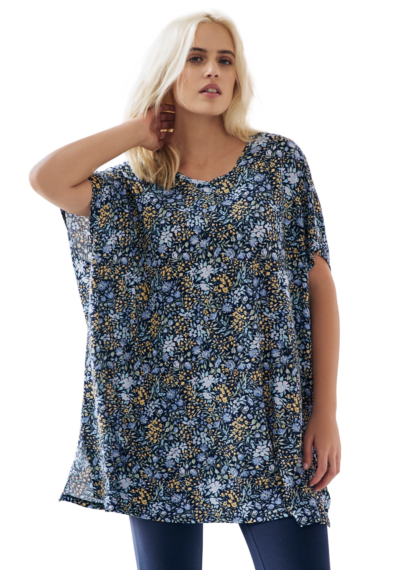 ellos Women's Plus Size Oversized Tunic - 2X, Navy Ditsy Floral ...