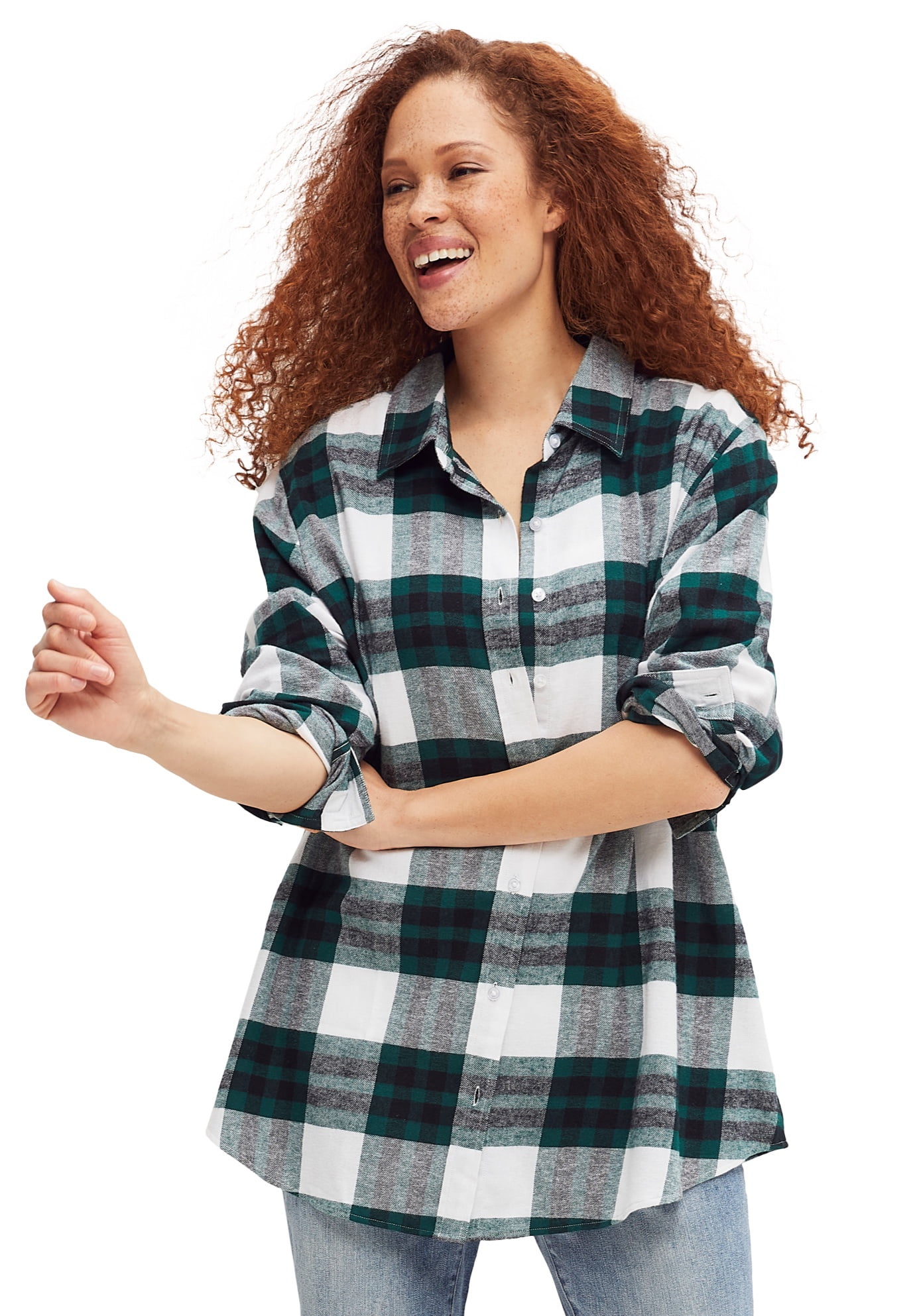 ellos Women's Plus Size Plaid Flannel Shirt - 5X, Deep Emerald Plaid ...