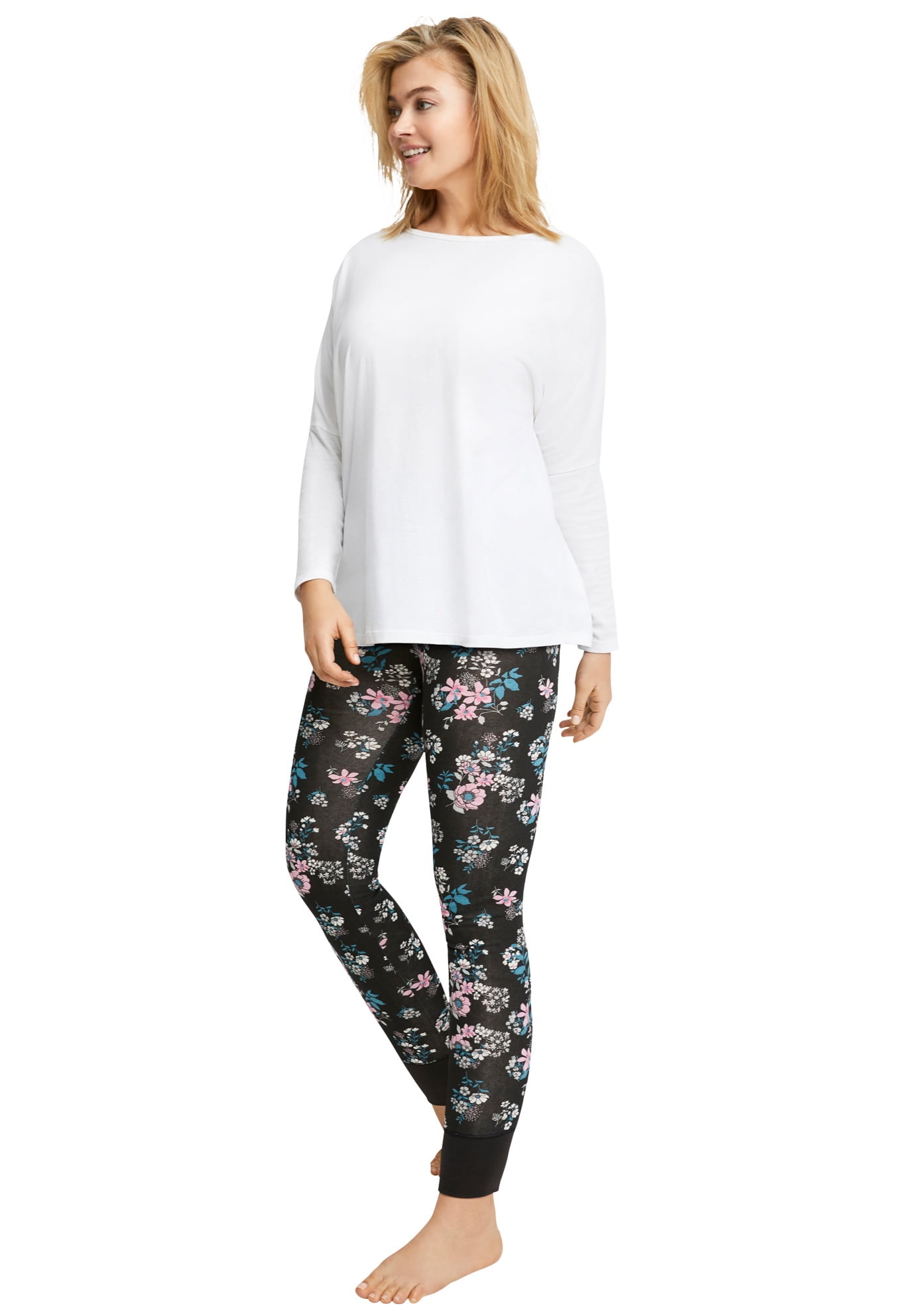 ellos Women's Plus Size Rib Trim Sleep Leggings - S, Black Multi Floral ...