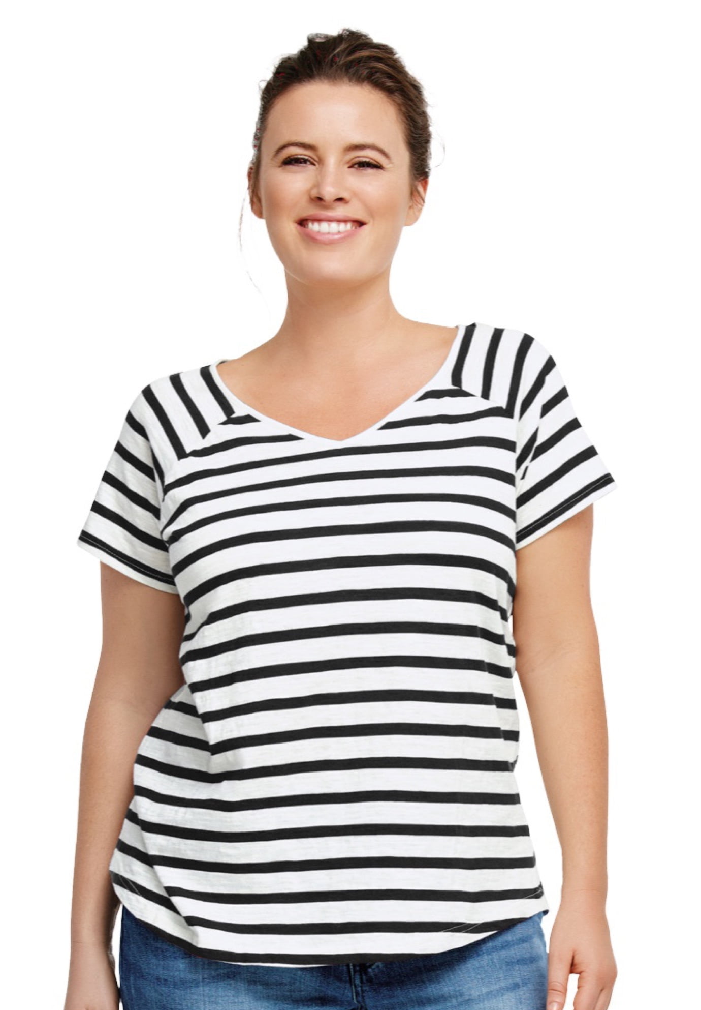 ellos Women's Plus Size Rounded V-Neck Tee - 2X, Black White Stripe ...