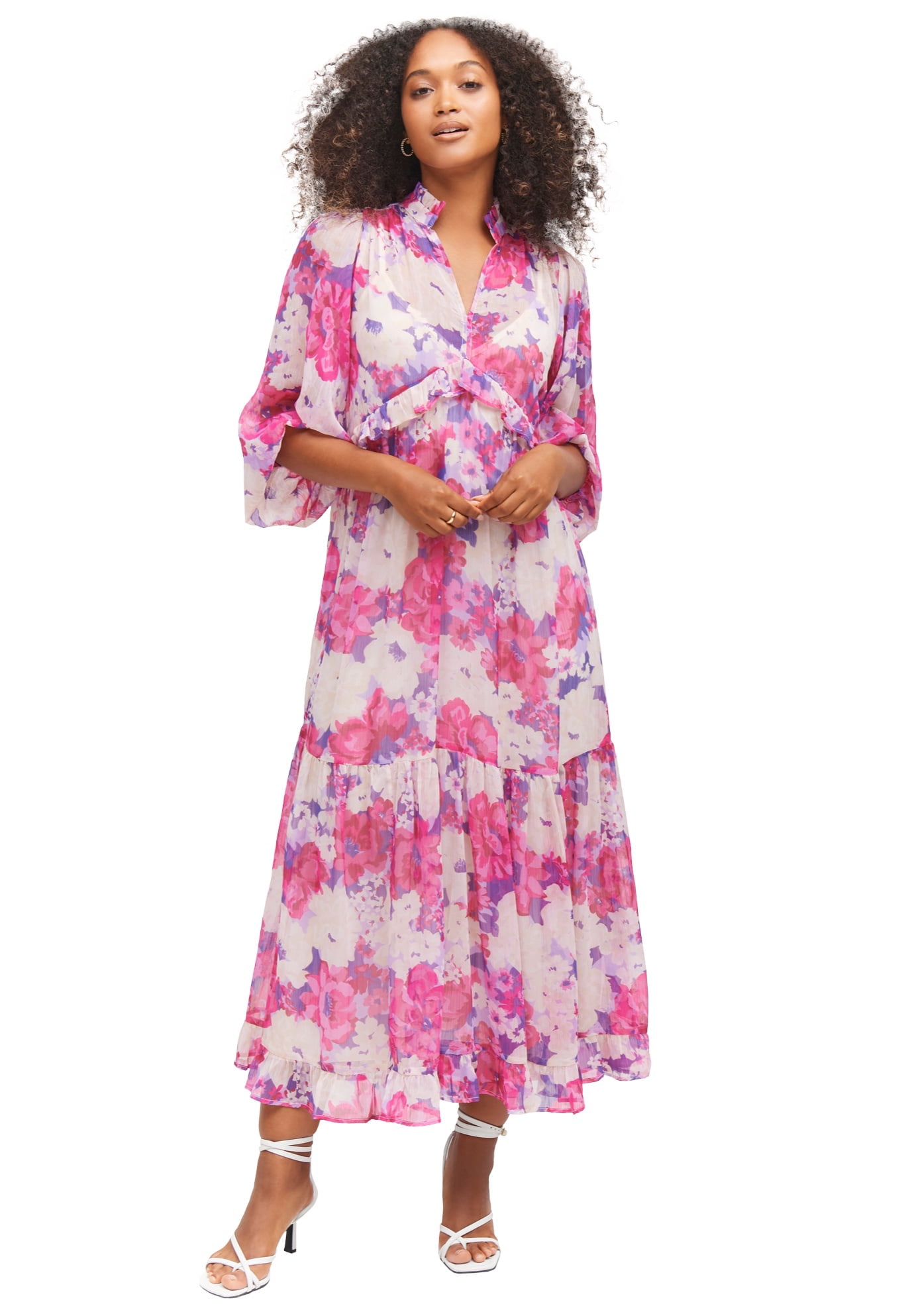 ellos Women's Plus Size Sheer Maxi Dress With Ruffled Trim - 30/32 ...