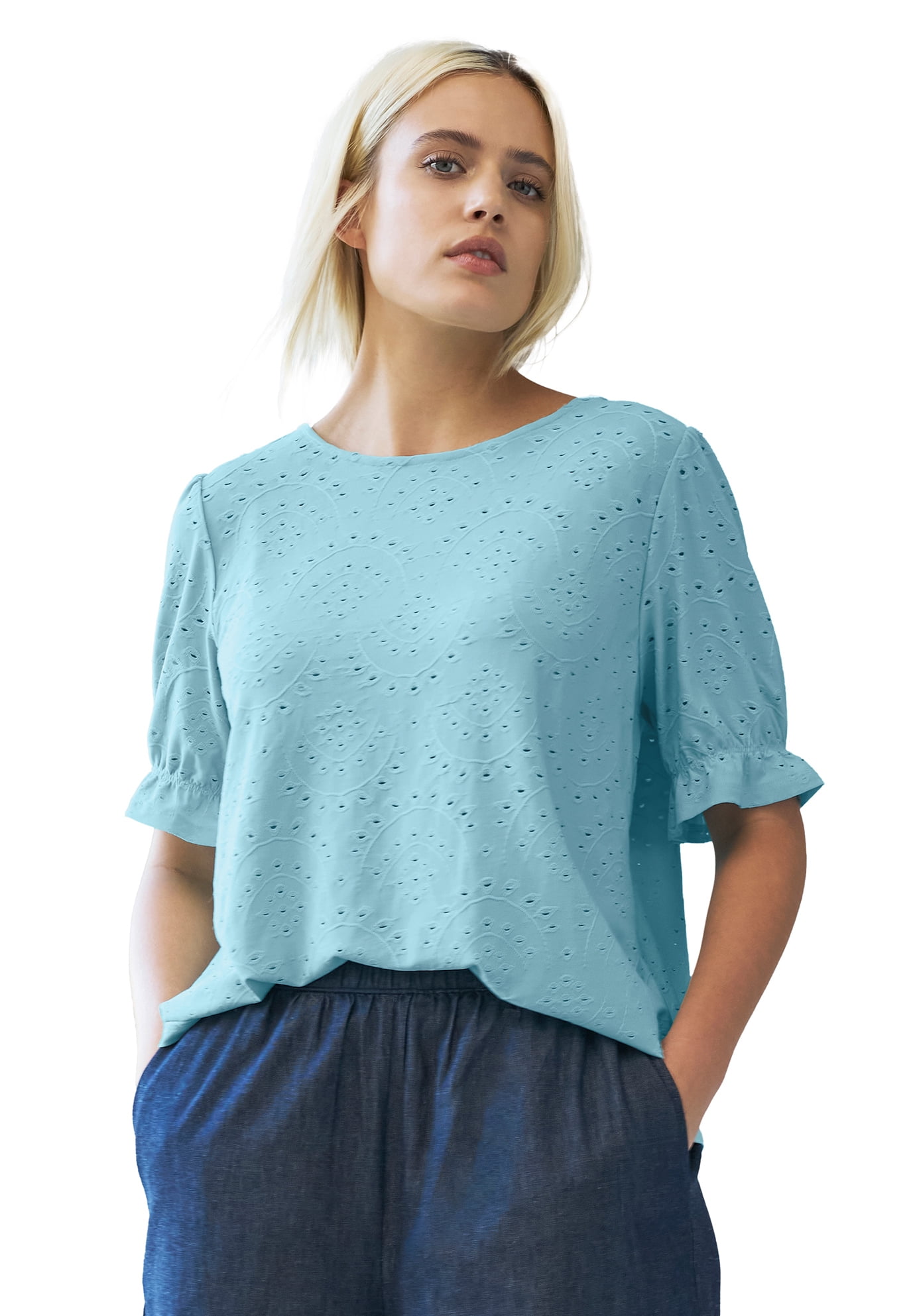 ellos Women's Plus Size Short Sleeve Eyelet Tee - 10/12, Aqua Sky ...