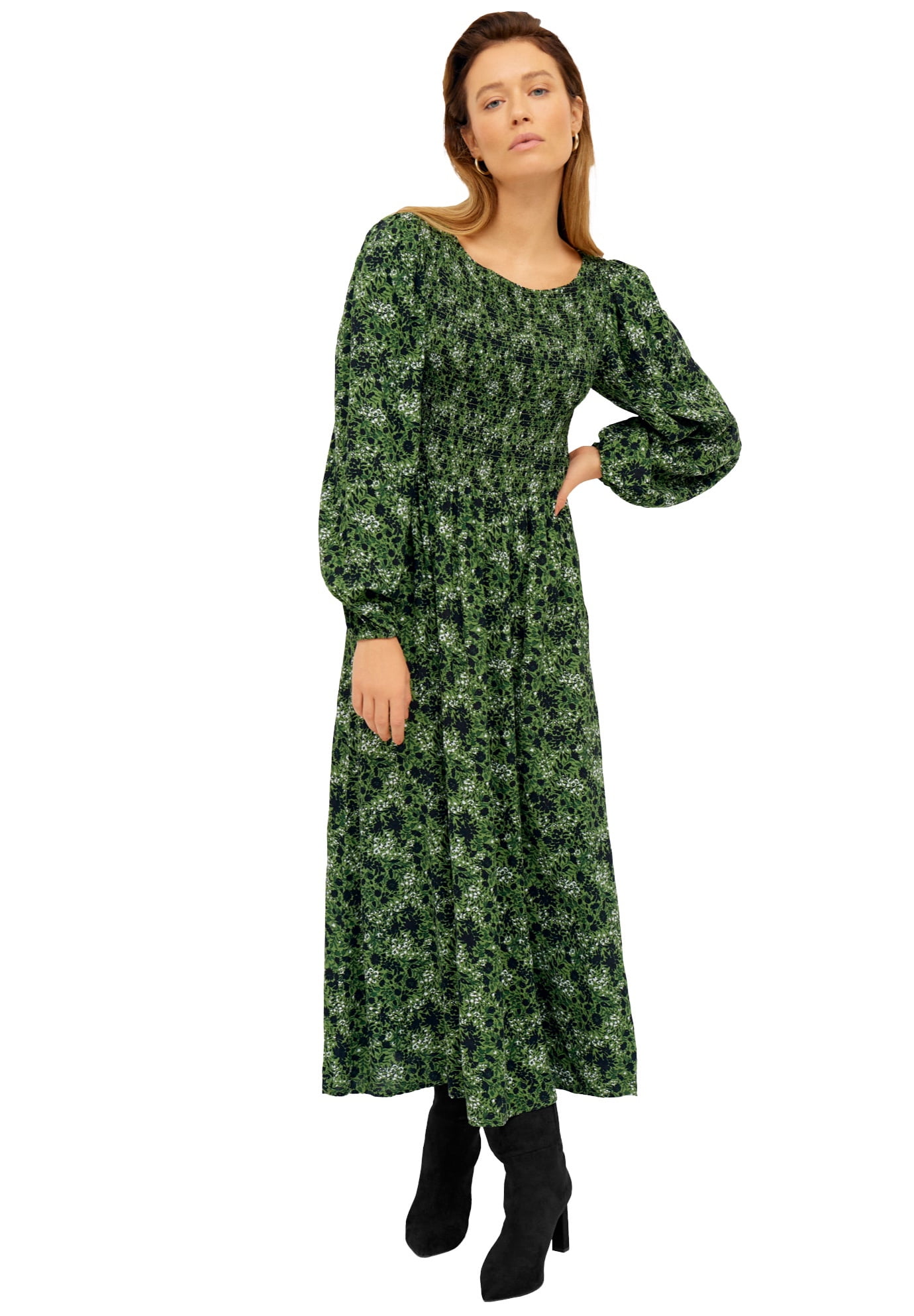 ellos Women's Plus Size Smocked Bodice Tiered Midi Dress - 10/12, Green ...