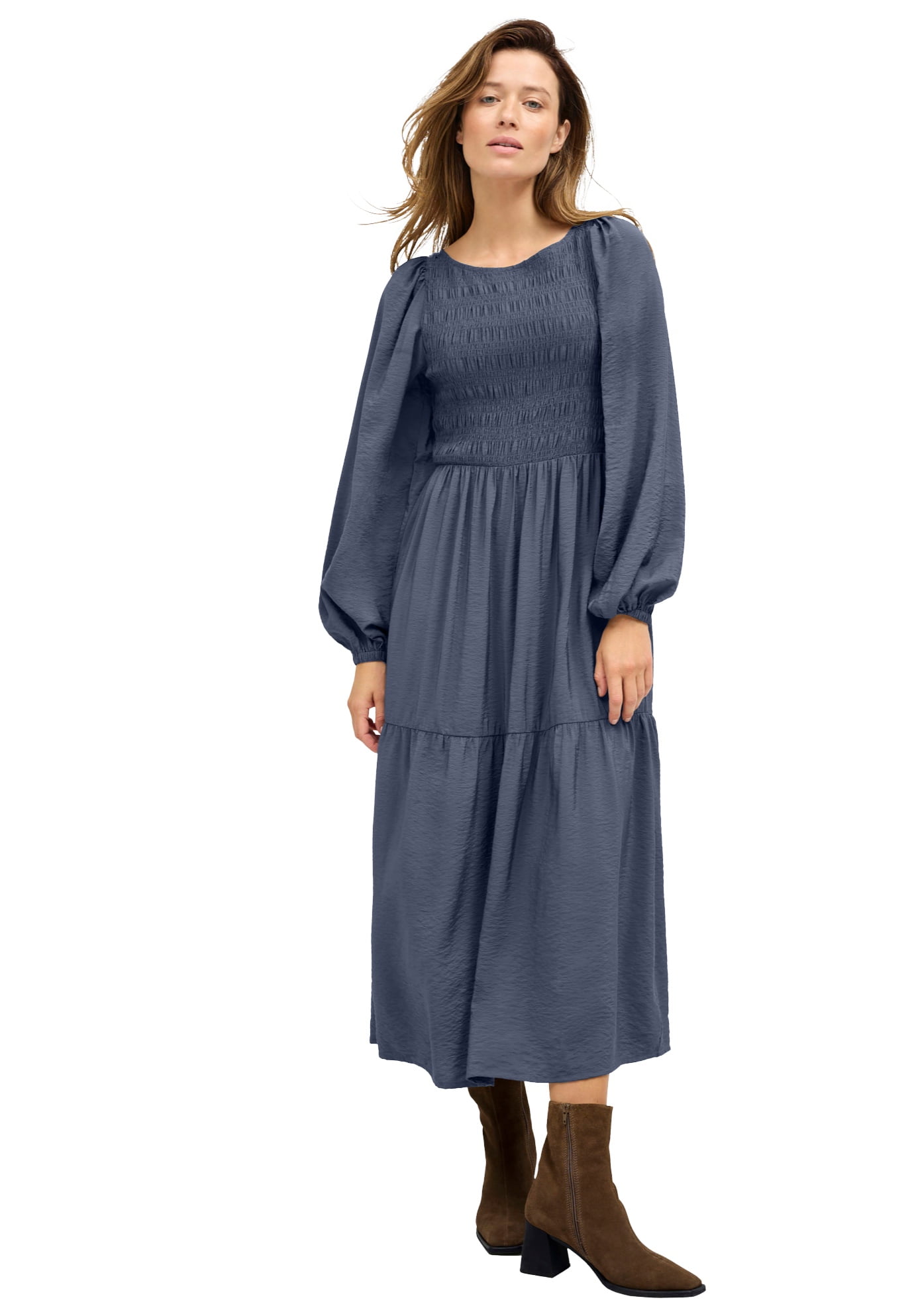 ellos Women's Plus Size Smocked Bodice Tiered Midi Dress - Walmart.com