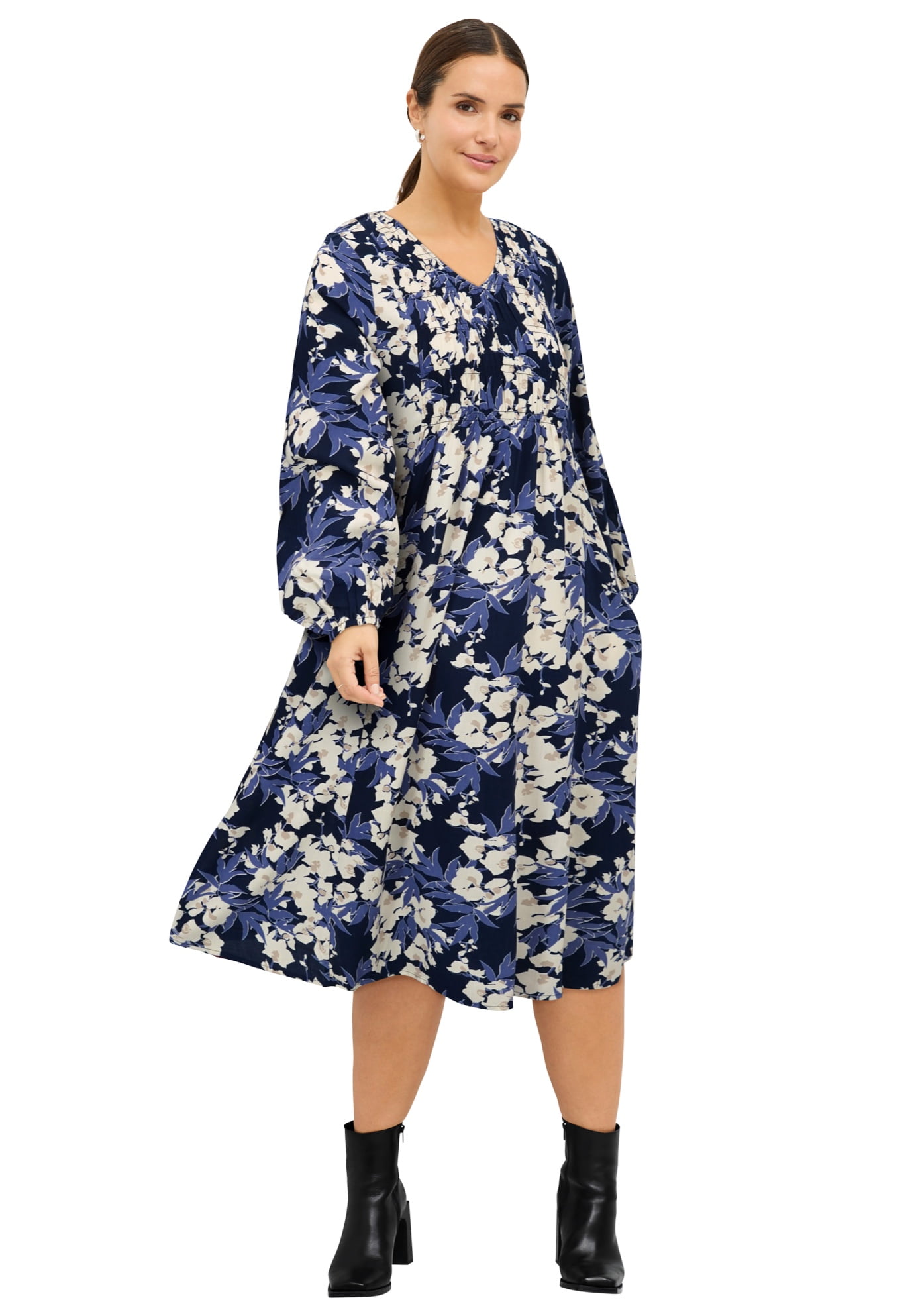 ellos Women's Plus Size Smocked Bodice V-Neck Midi Dress - Walmart.com