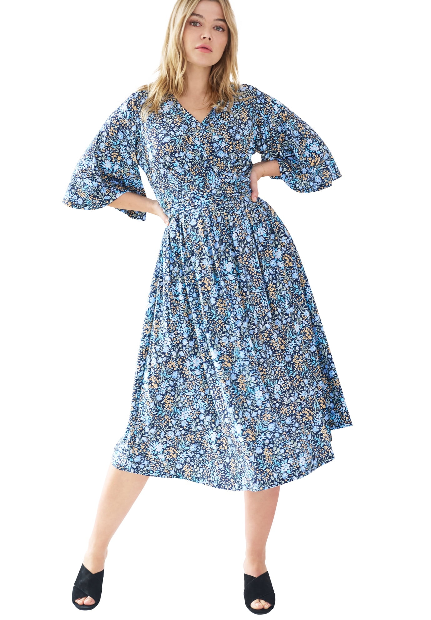 ellos Women's Plus Size Surplice Tie Back Midi Dress - Walmart.com