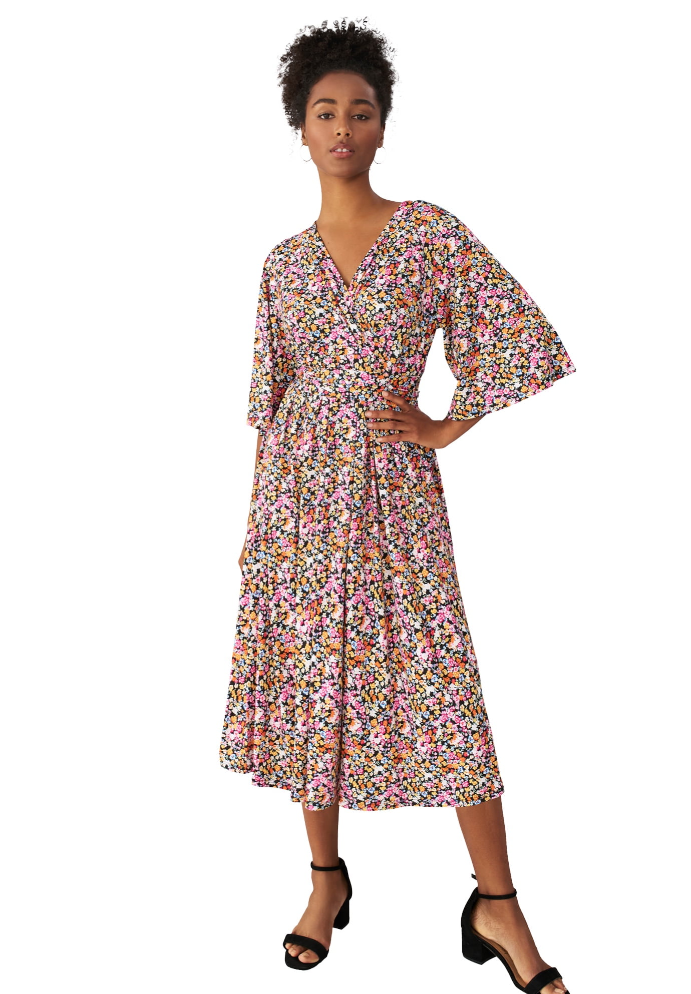 ellos Women's Plus Size Surplice Tie Back Midi Dress - Walmart.com