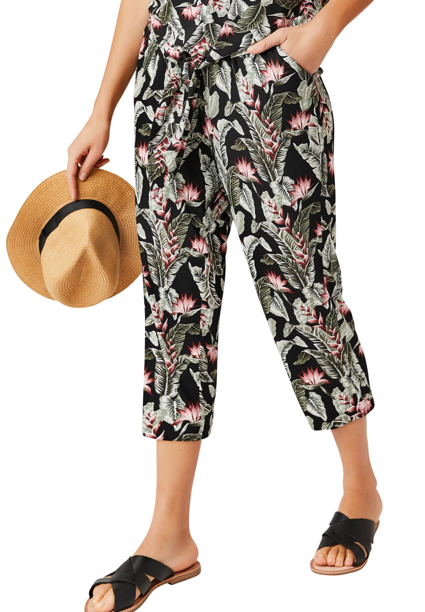 ellos Women's Plus Size Tie-Front Capri - 18/20, Black Leaf Print ...