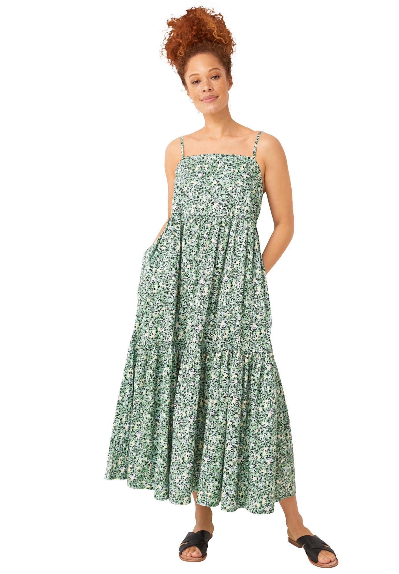 ellos Women's Plus Size Tiered Cotton Maxi Dress - 14/16, Ivory Green ...