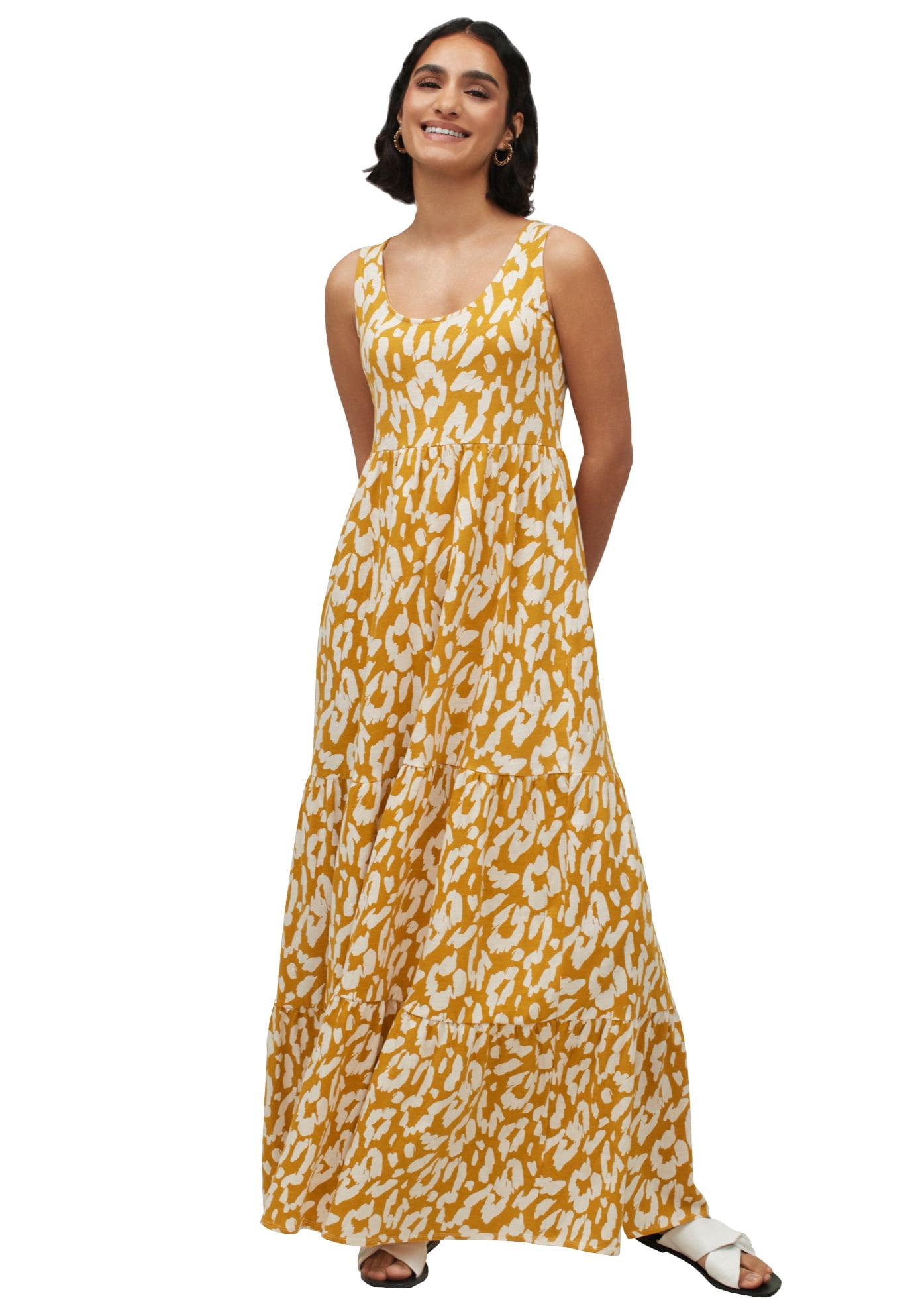 ellos Women's Plus Size Tiered Maxi Dress - 34/36, Honey Mustard White ...