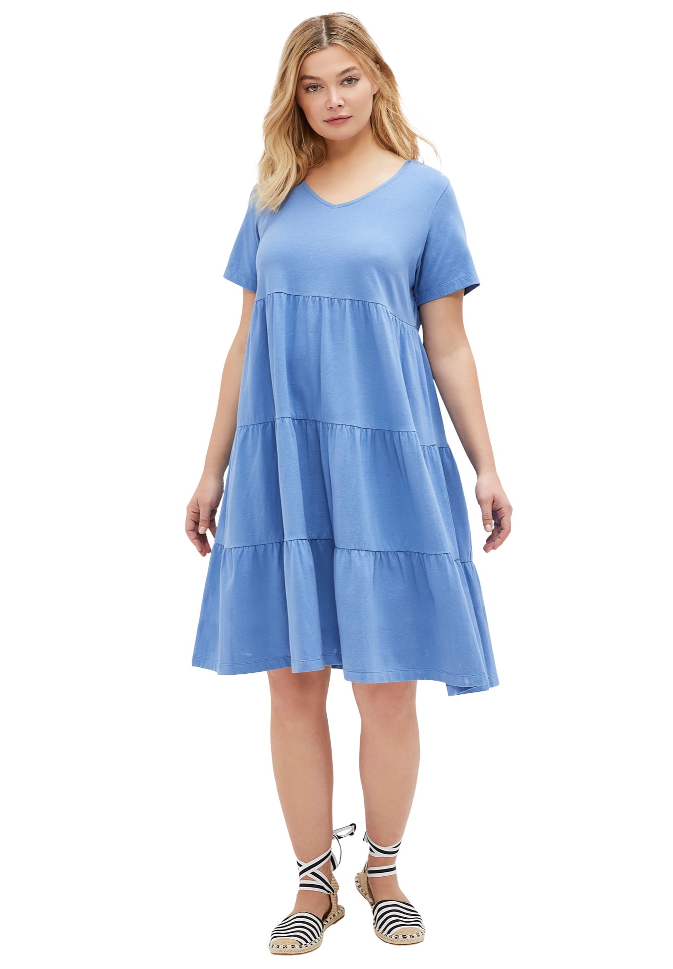 ellos Women's Plus Size Tiered Tee Dress - 14/16, Blue Sky - Walmart.com