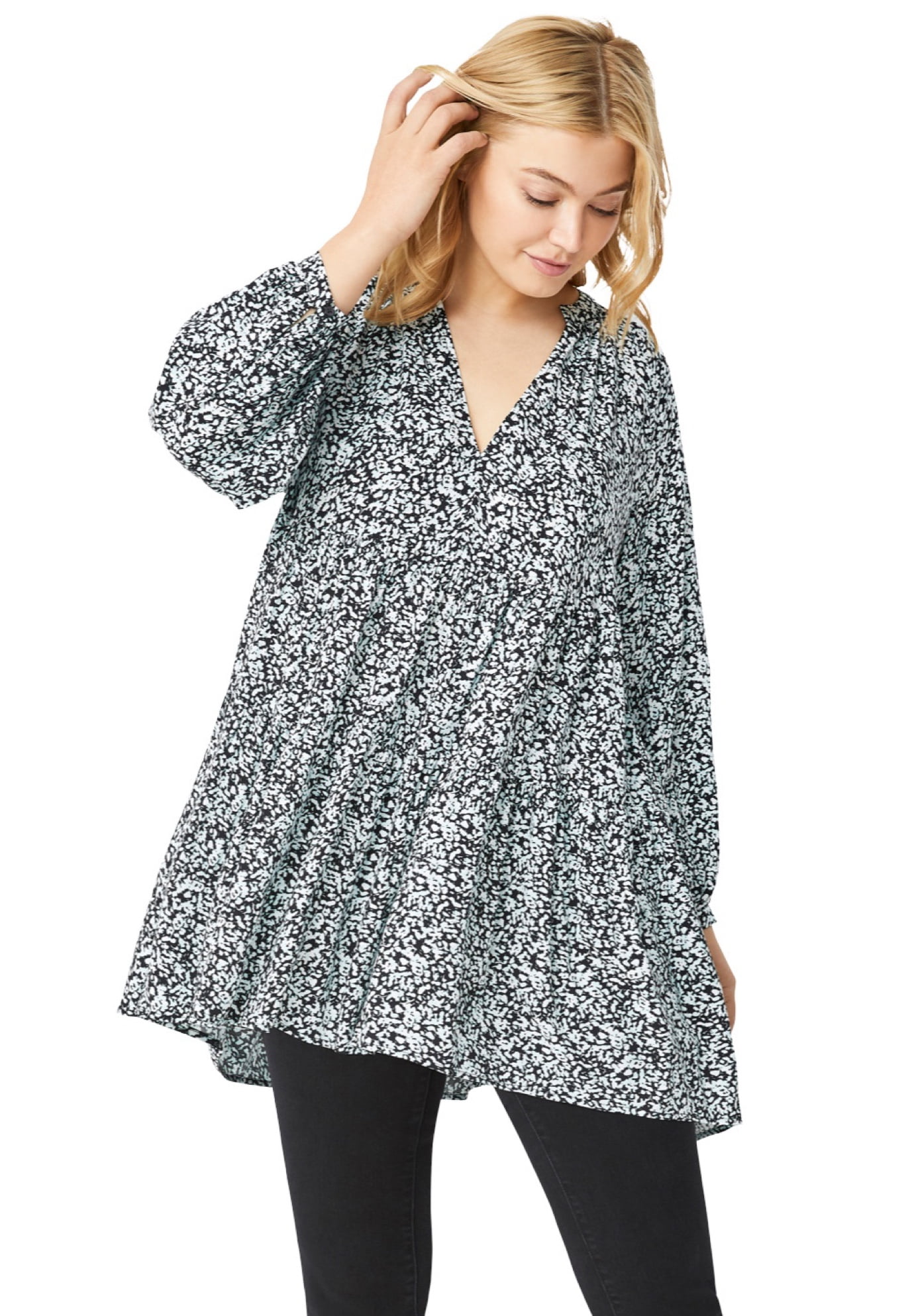 ellos Women's Plus Size Tiered Tunic With Notch V-Neck - 34/36, Black ...