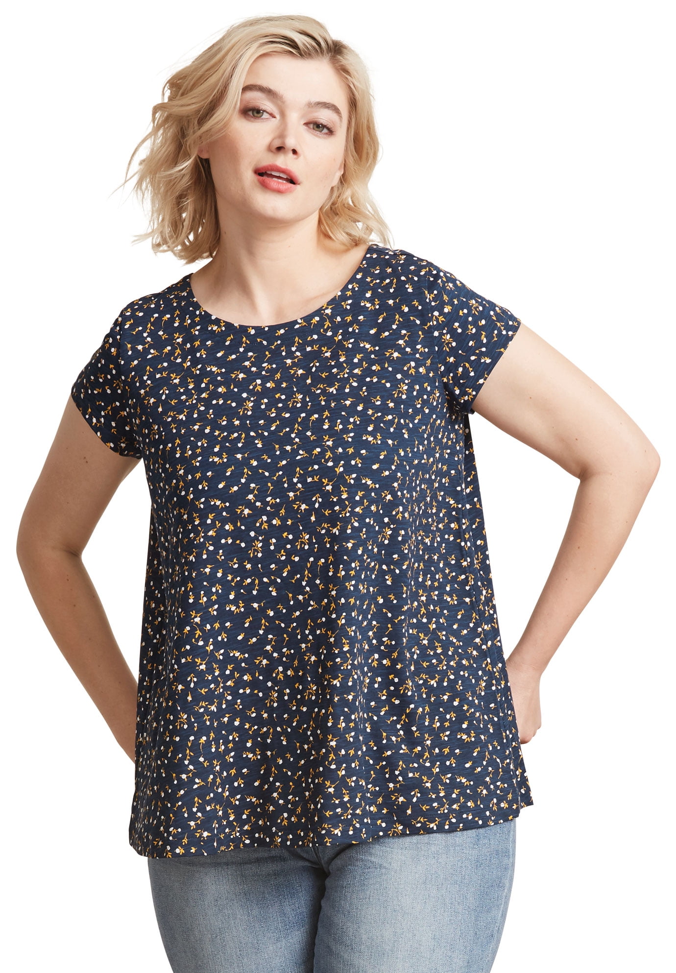 ellos Women's Plus Size Trapeze Knit Tee - 30/32, Navy White Ditsy ...