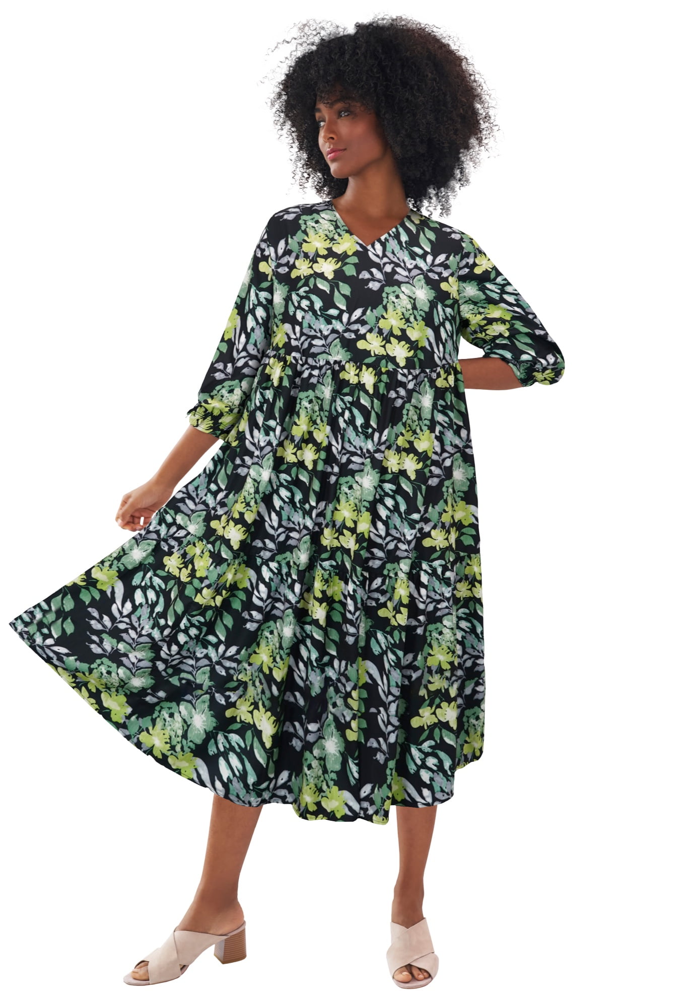 ellos Women's Plus Size V-Neck Tiered Midi Dress - Walmart.com