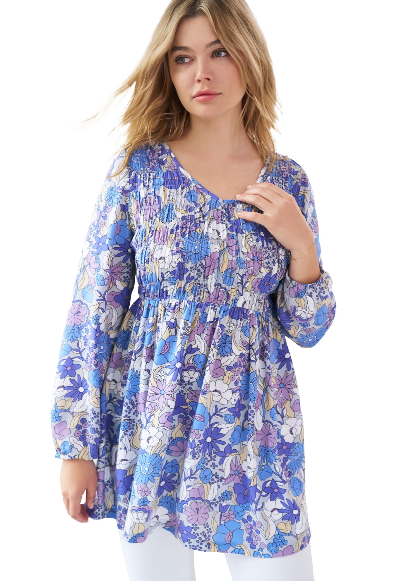 ellos Women's Plus Size V-Neck Tunic With Smocked Bodice - 26/28, Pale ...