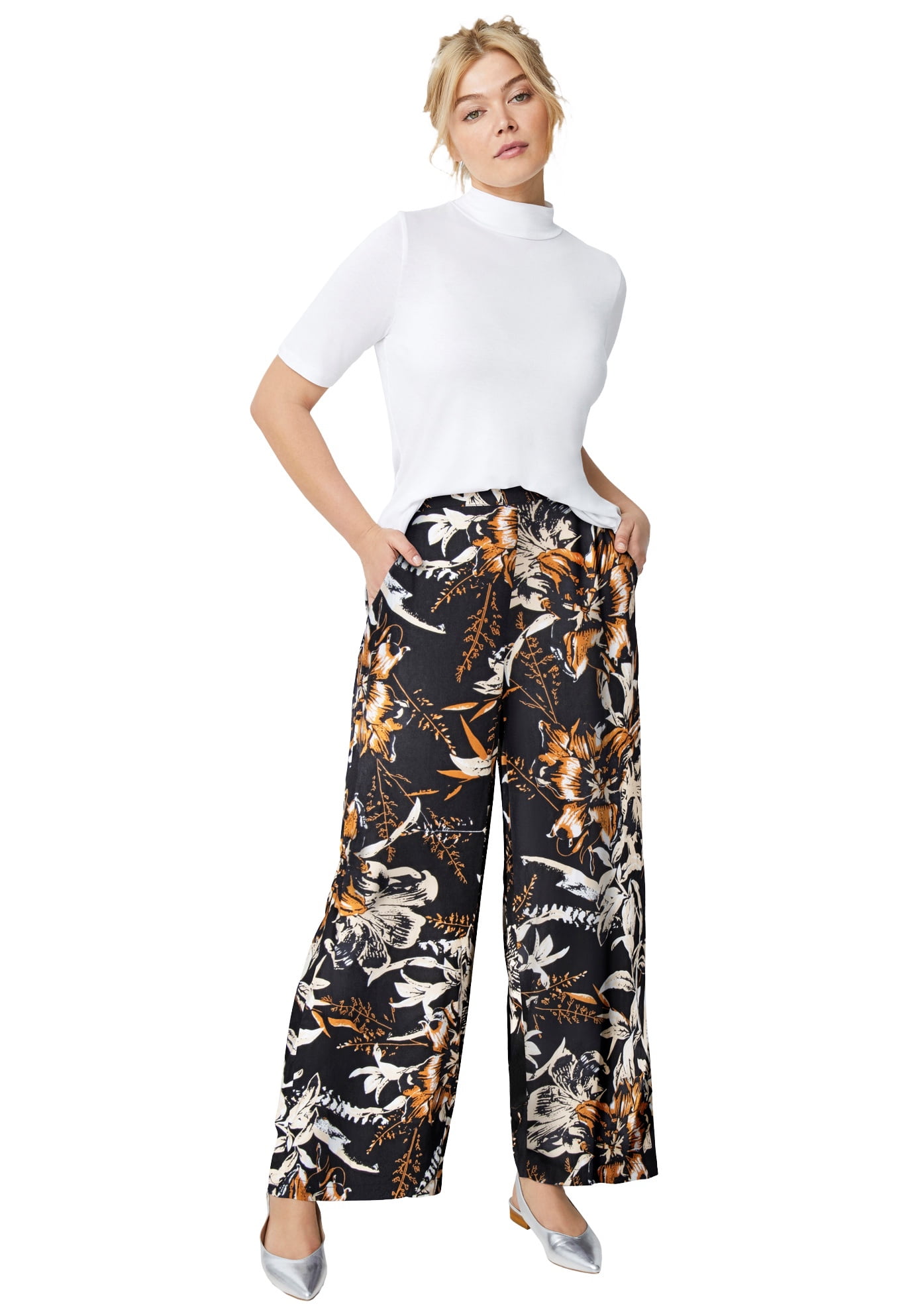 ellos Women's Plus Size Wide-Leg Soft Pants With Back Elastic - L ...