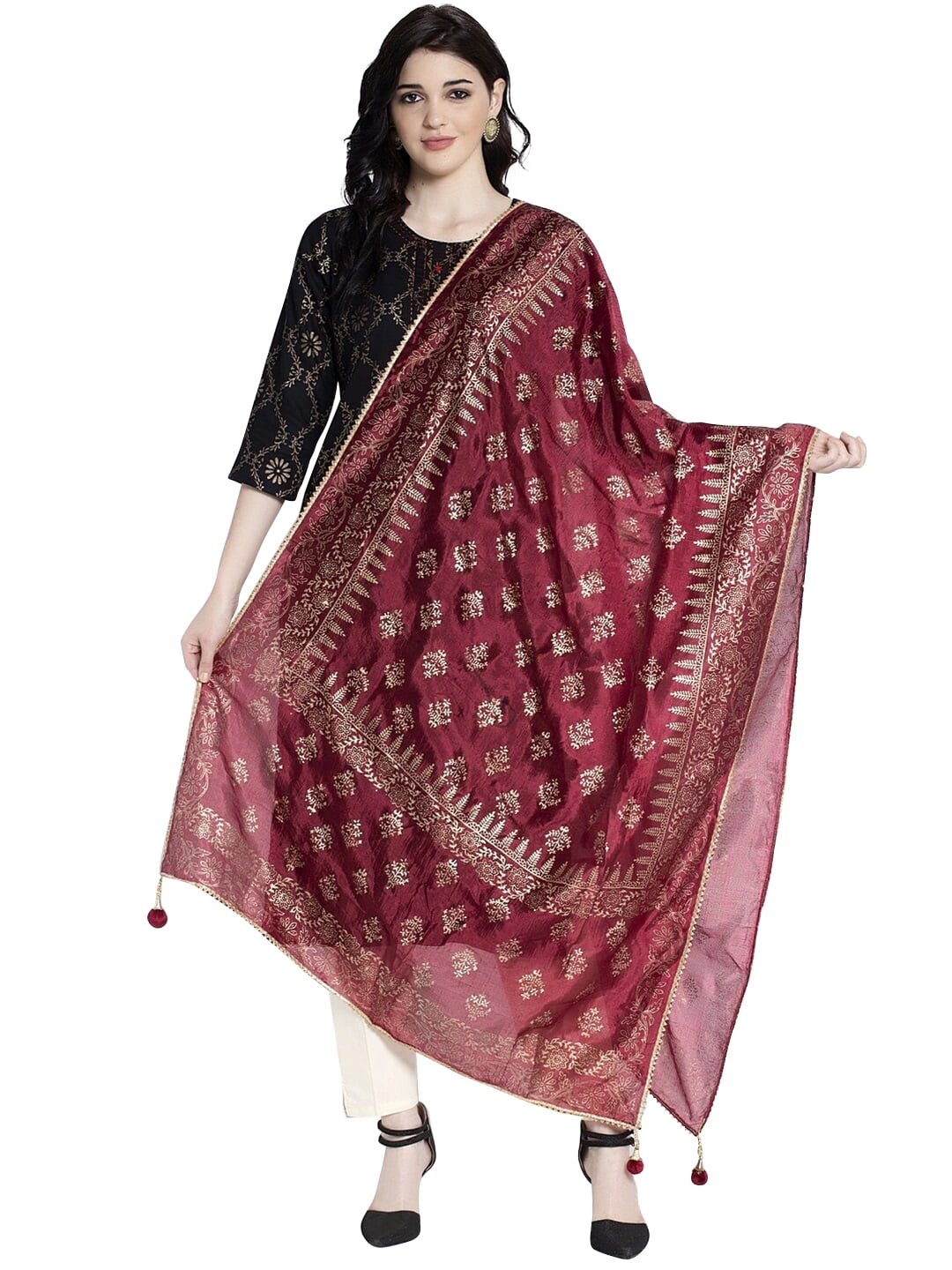 eloria Floral Maroon Woman's Indian Ethnic Chunni, Dupatta, Stole ...