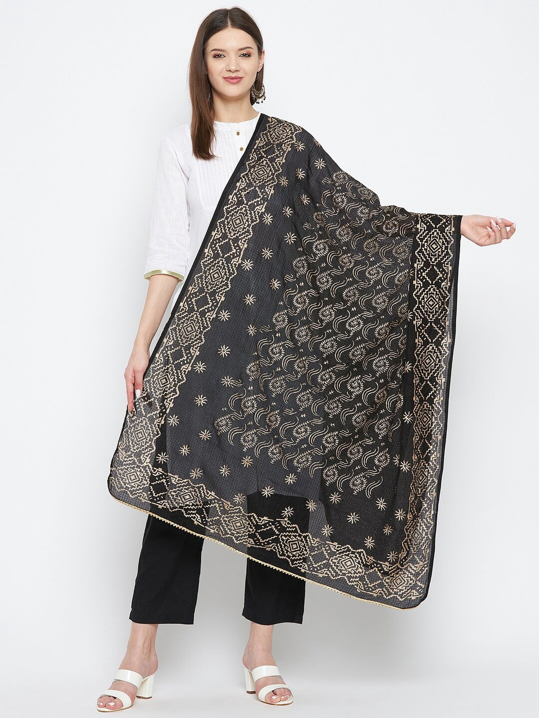 eloria Woman's Indian Ethnic Chunni, Cotton Blend Ethnic Motifs Black ...