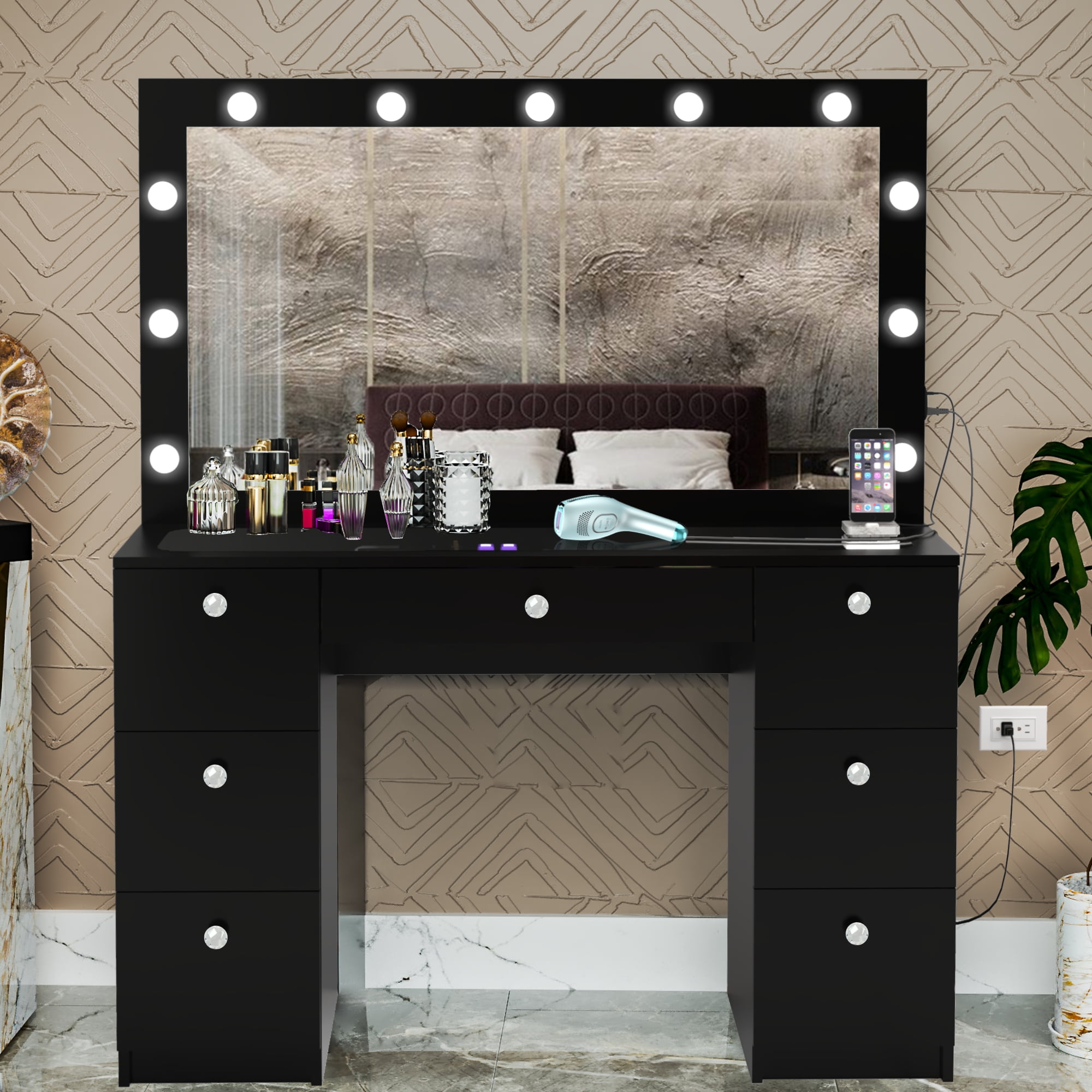 ember Interiors Ibbie Modern Vanity Table with 7 Drawers Lights Crystal ...