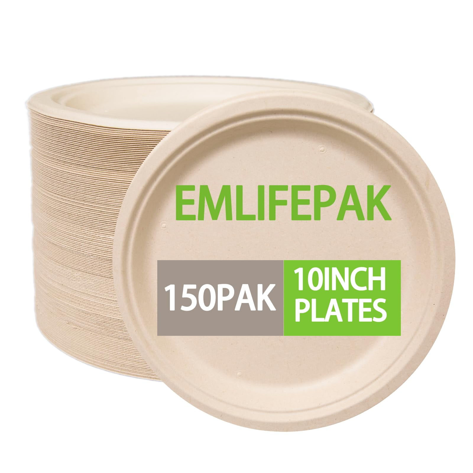 emlifepak 100% MQH2 10inch Compostable Paper Plates [150-Pack] Heavy ...