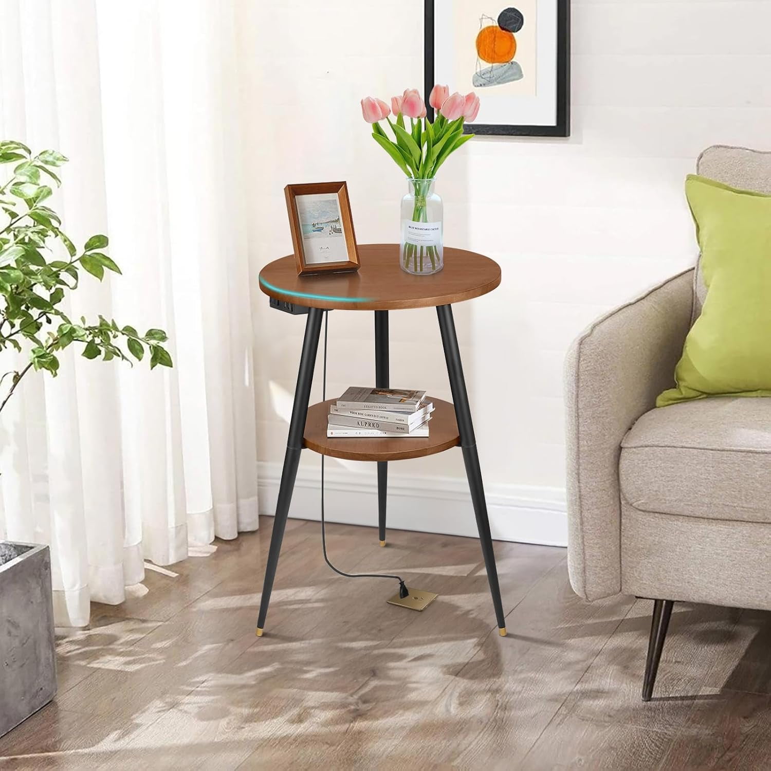 end Table with Charging Station, 2 Tier Walnut Wood Small Round Side ...