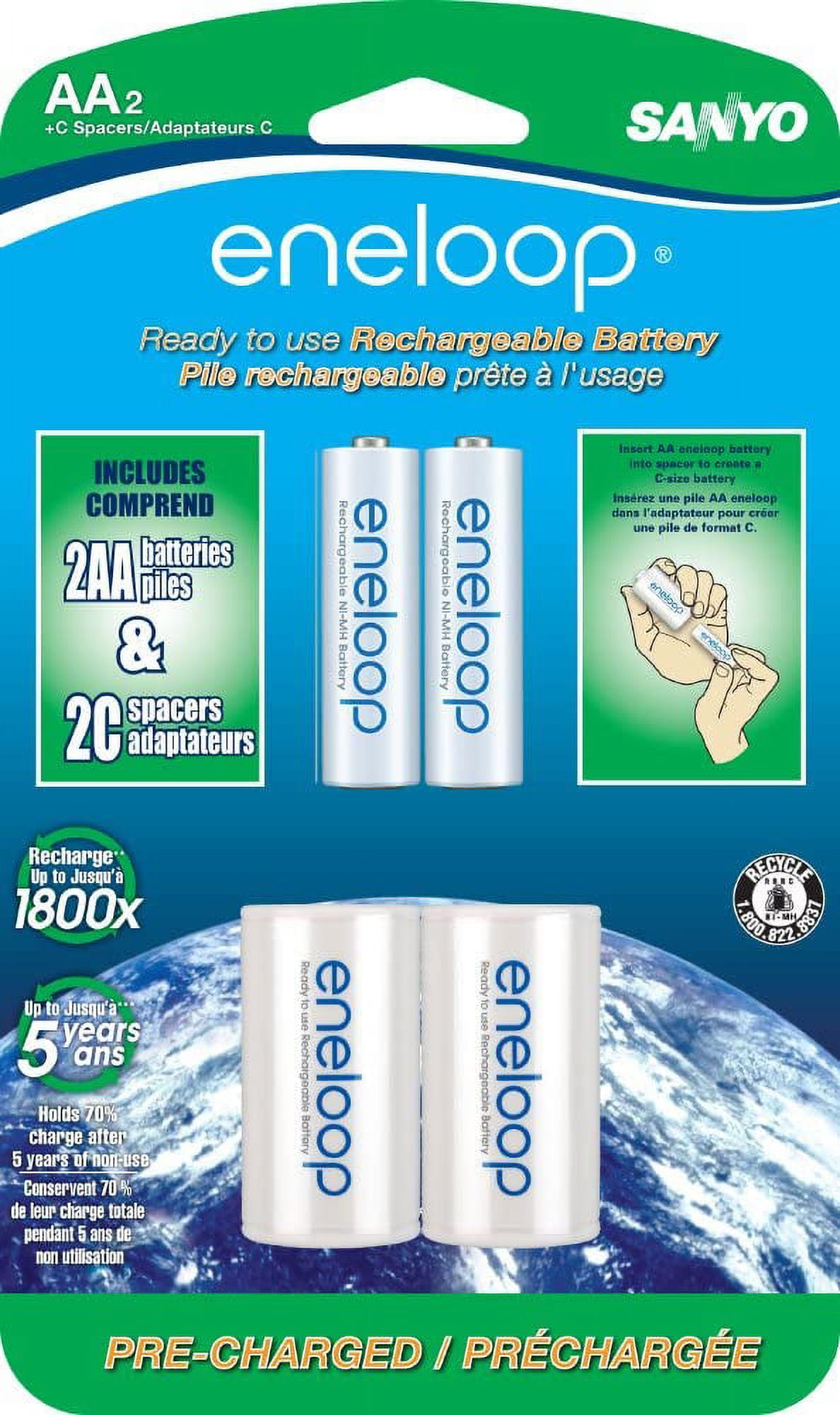 eneloop AA with "C" Spacers, 1800 cycle, Ni-MH Pre-Charged Rechargeable ...