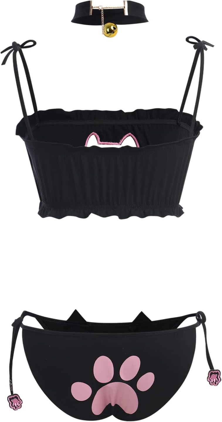 Ens Cute Kawaii Anime Cat Kitten Lingerie Set Micro Bikini Strappy Tiny Bra Mini Panty Extreme