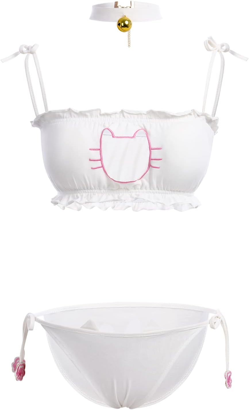 Ens Cute Kawaii Anime Cat Kitten Lingerie Set Micro Bikini Strappy Tiny Bra Mini Panty Extreme