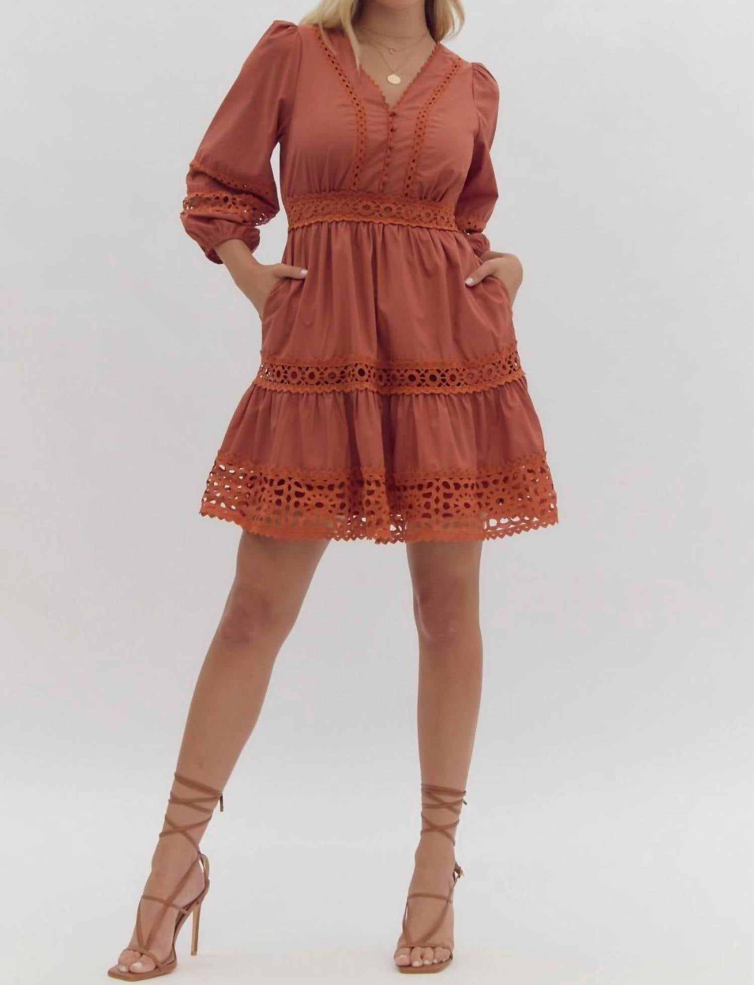 Entro Rust Lace Inset Smocked Waist Short Dress - Walmart.com