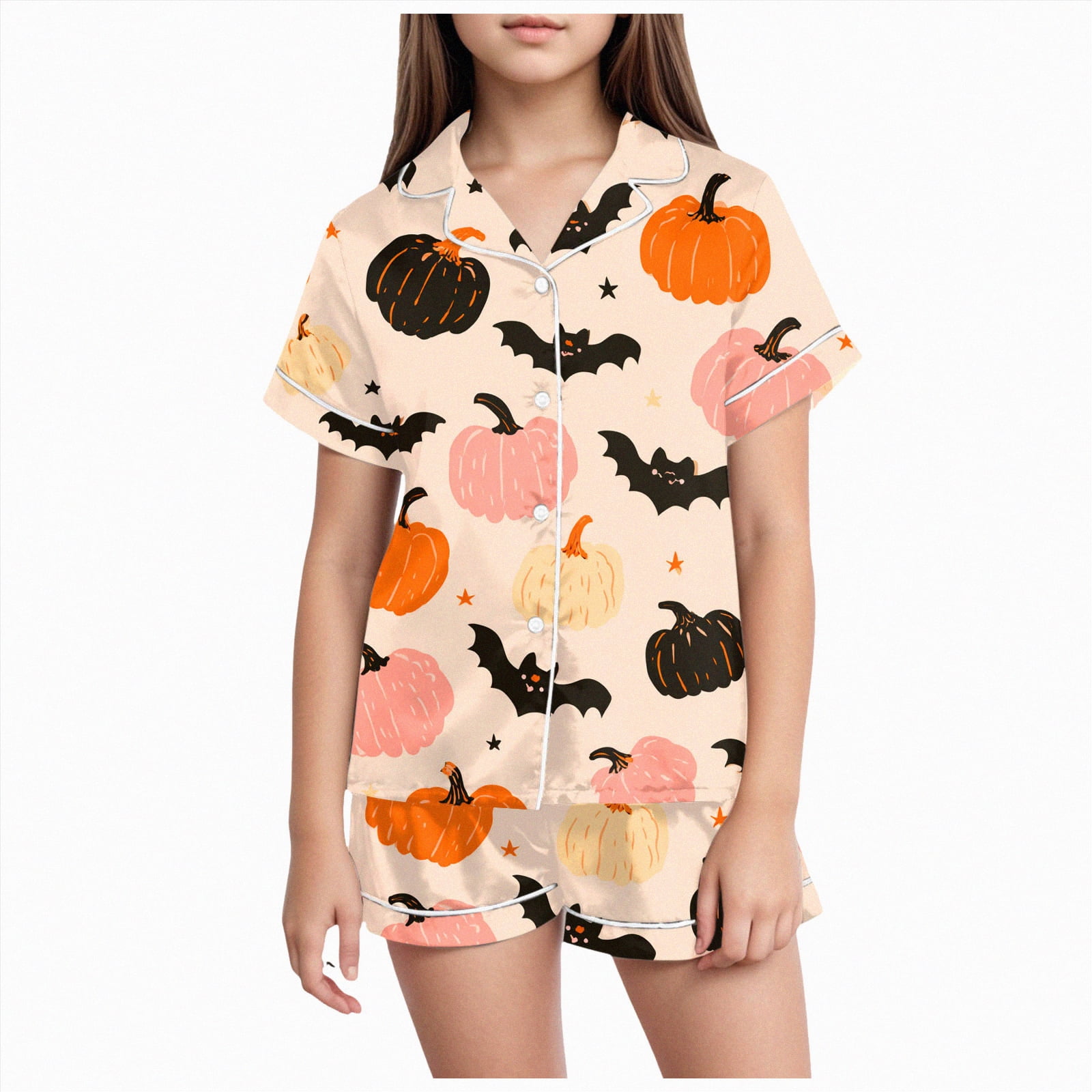 enyan Girl Halloween Pajamas Girls Satin Pajama Set Halloween Pumpkin ...