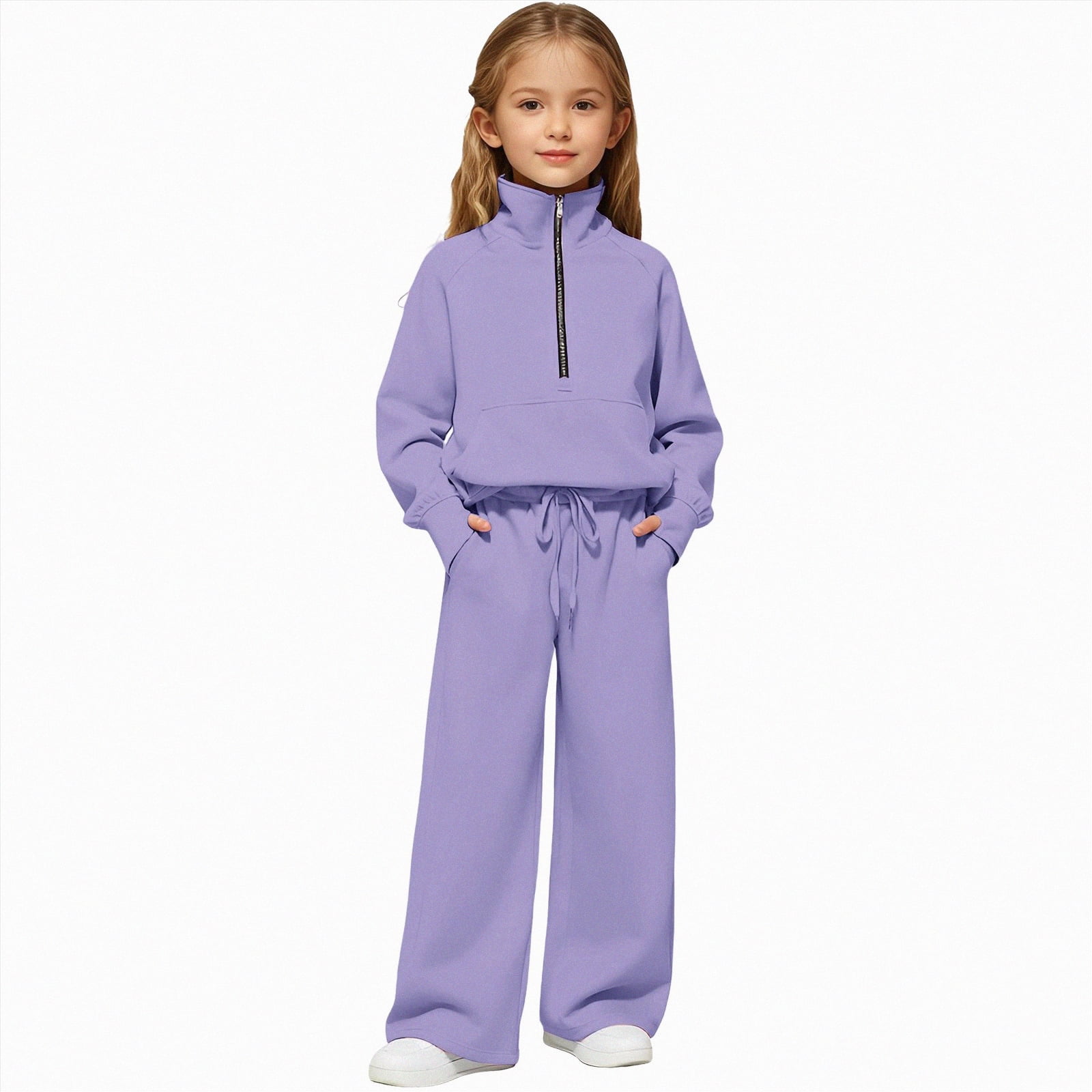 enyan Girls 2 Piece Outfits Tracksuit Drop Shoulder Hoodie Half Zip ...