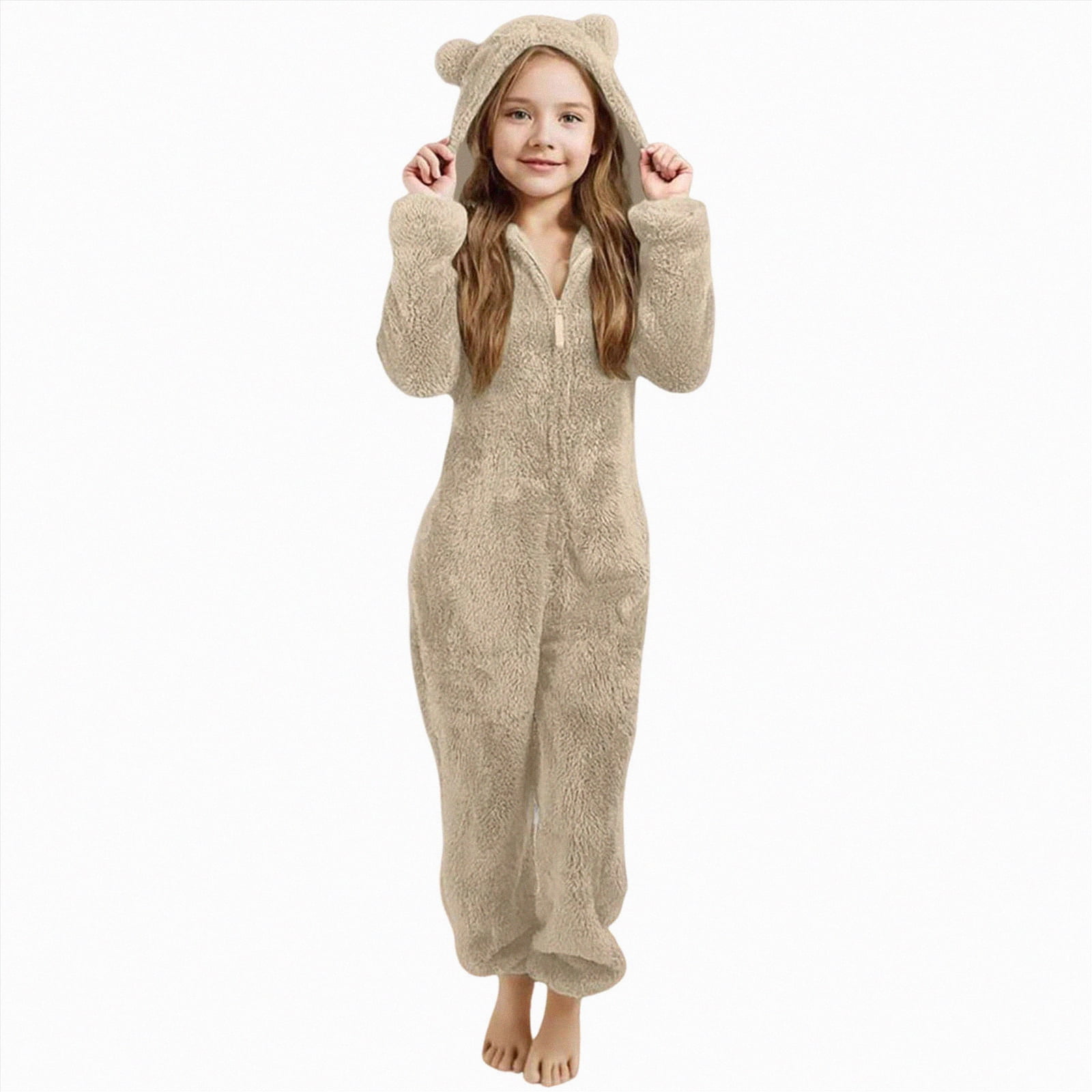 enyan Girls Fleece Jumpsuits Fuzzy Bear Hooded Kids Zip up One Piece ...